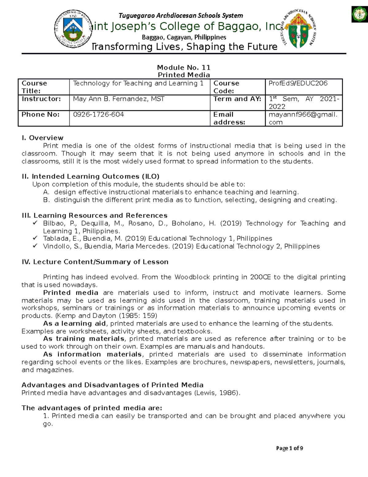 Profed 9 EDUC206 Module 11 2 - Tuguegarao Archdiocesan Schools System ...