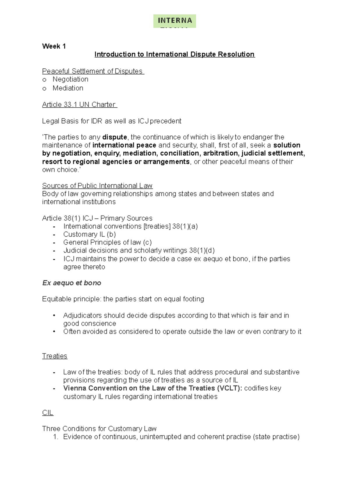 IDR Lecture Notes - Week 1 Introduction to International Dispute ...