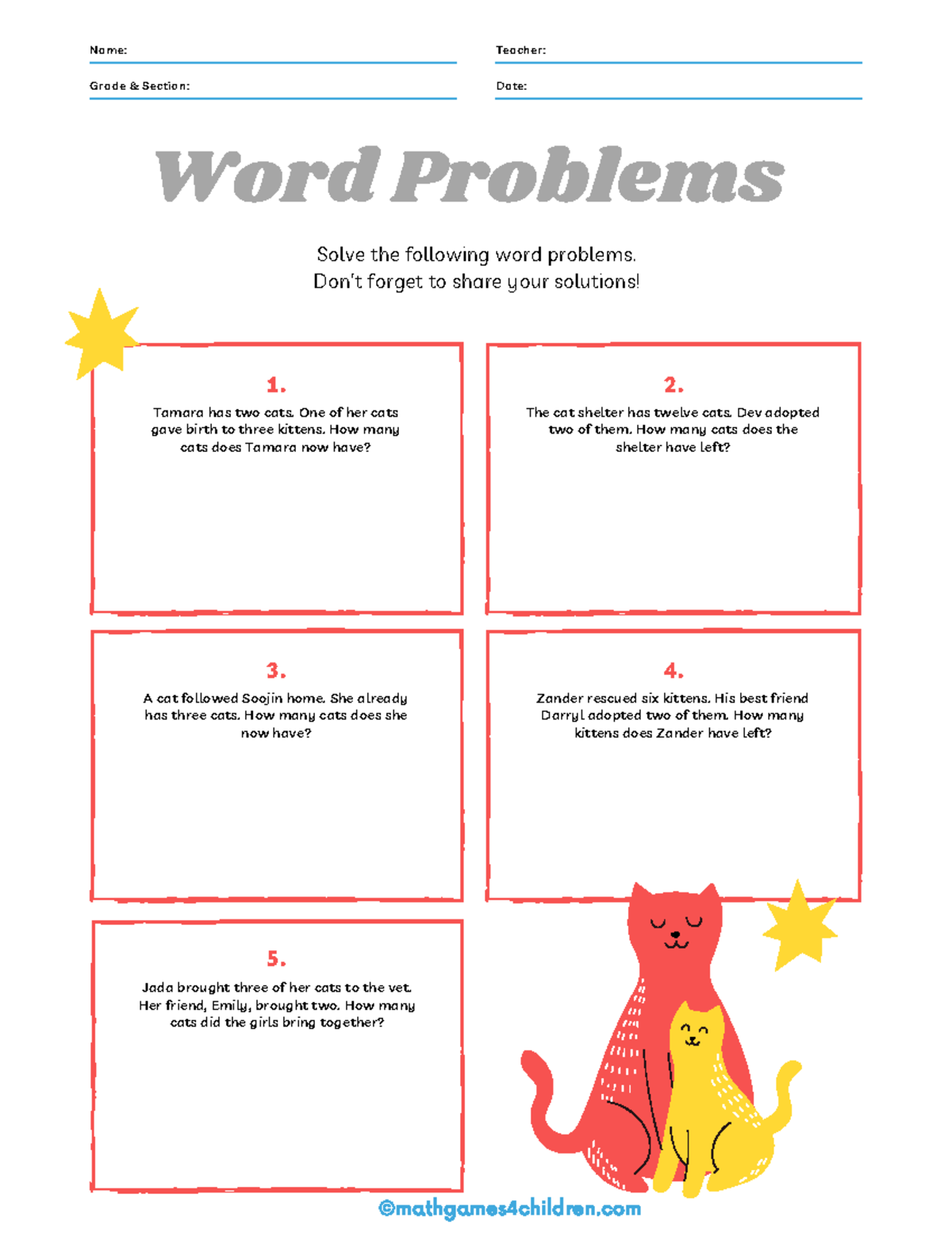 Addition subtraction word problems - 1. 3. 5. 2. 4. The cat shelter has ...