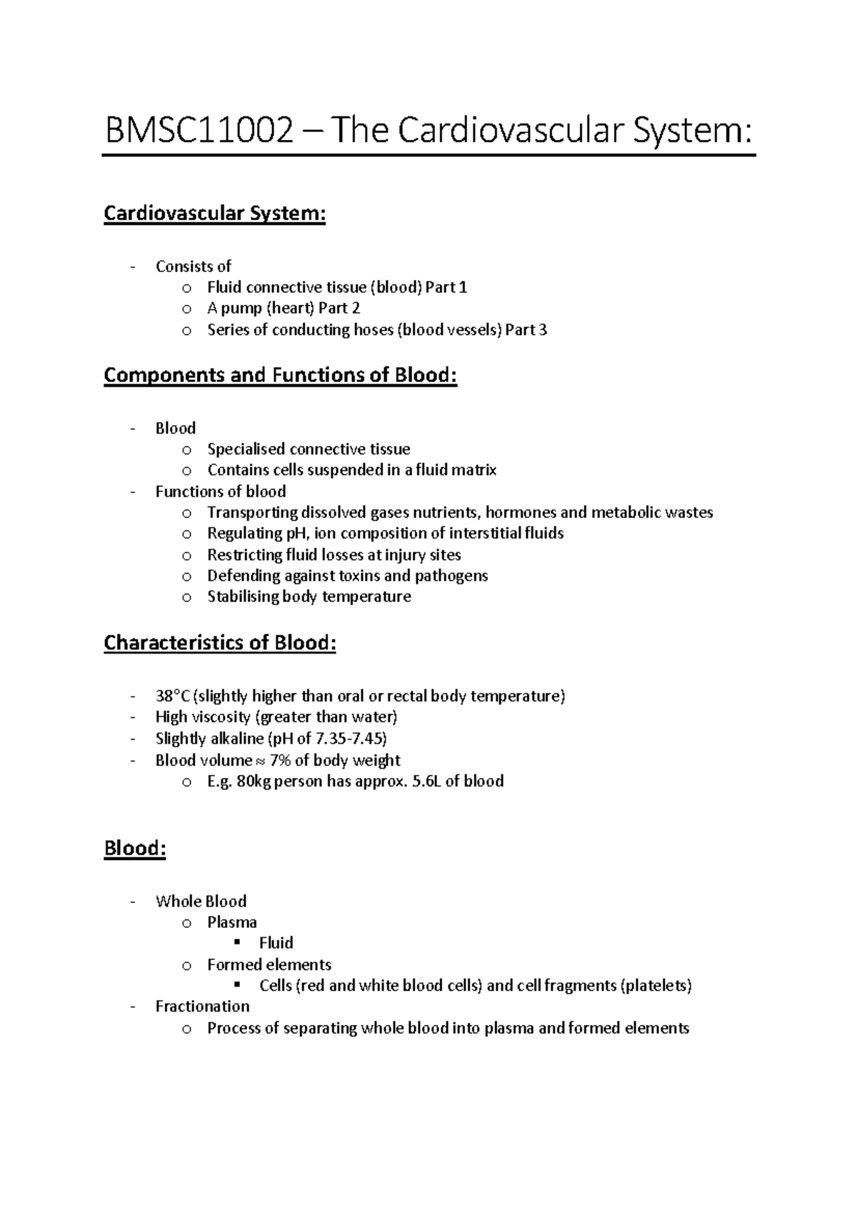 Wk 3 - Cardiovascular System (Blood) - Warning: TT: undefined function: 32 BMSC11002 – The - Studocu