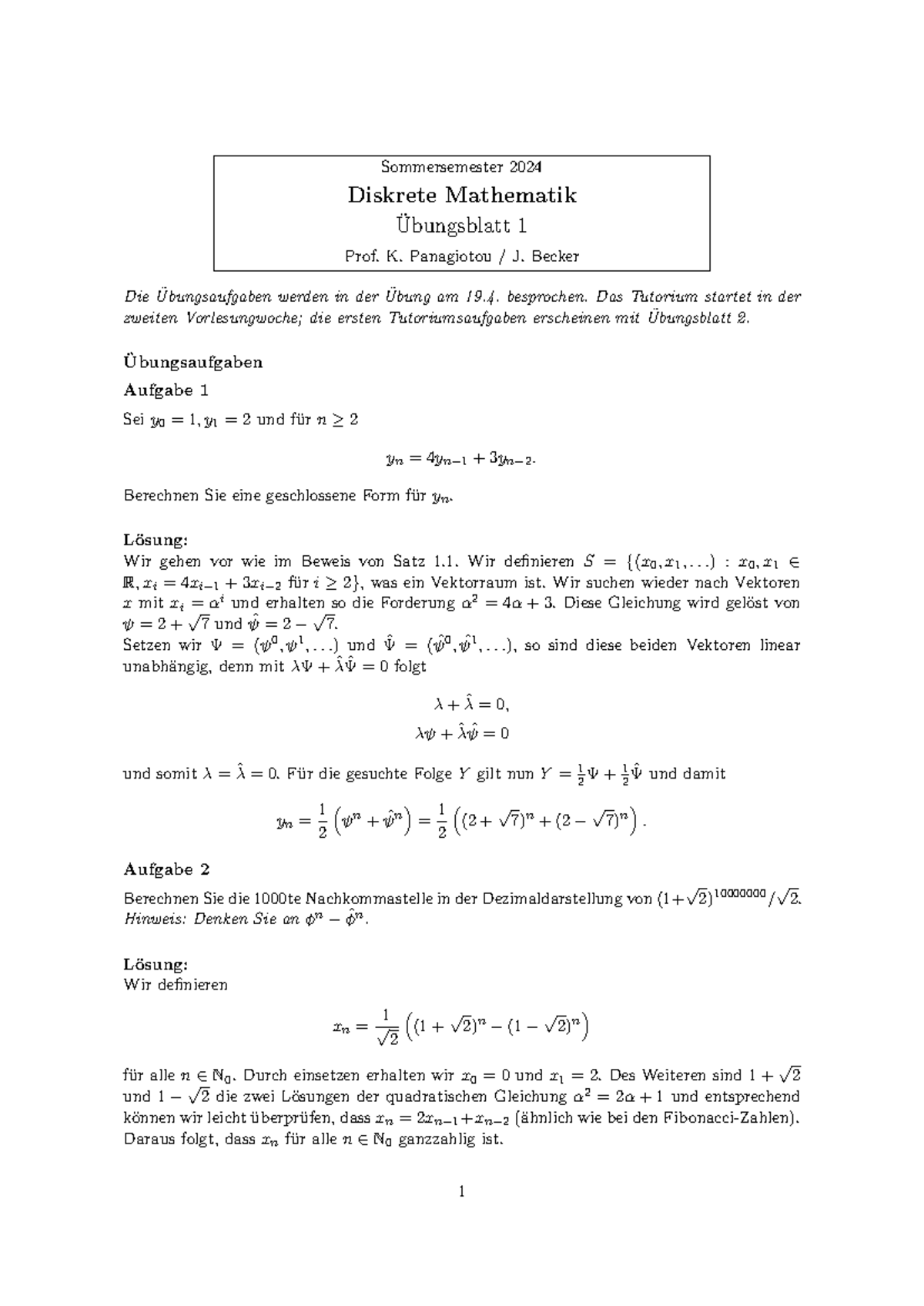 Übungsblatt 1 Lösungen - Sommersemester 2024 Diskrete Mathematik ...