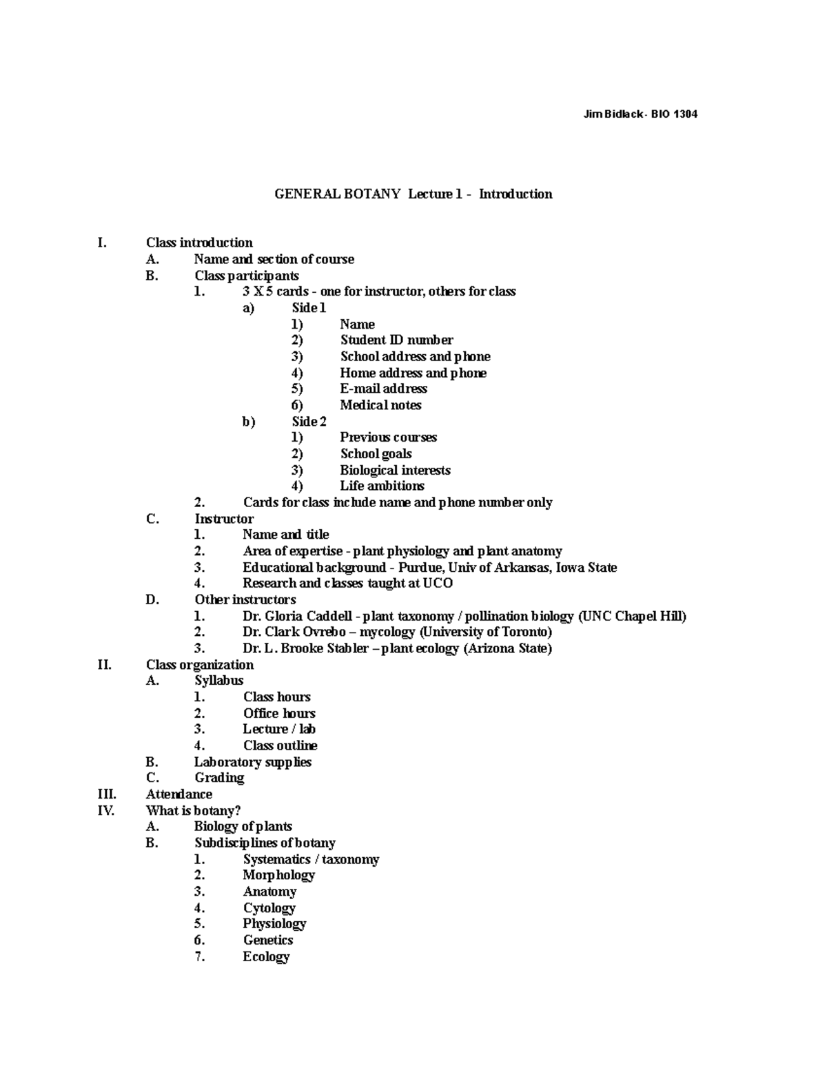 Introduction to Botany - Jim Bidlack - BIO 1304 GENERAL BOTANY Lecture ...