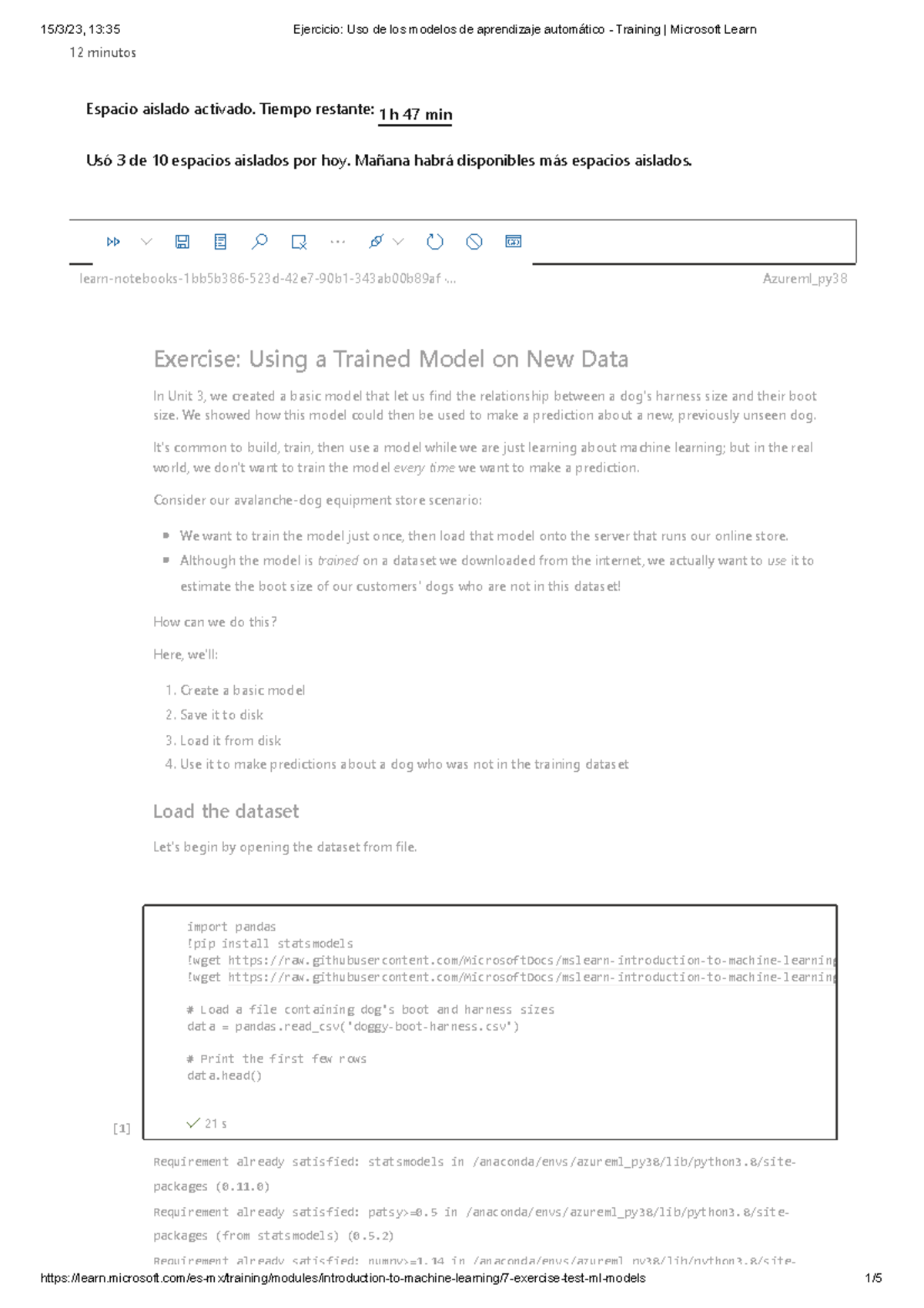 Ejercicio Uso de los modelos de aprendizaje automático - Training Microsoft Learn - 12 minutos ...