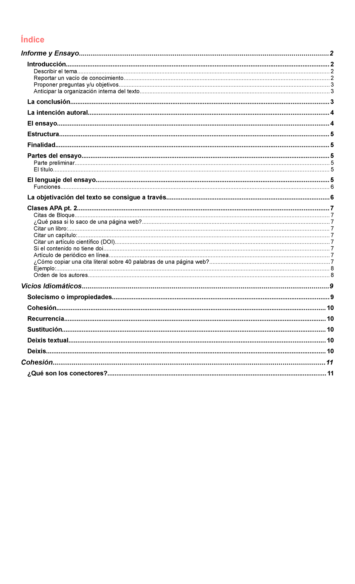 Taller de comunicación efectiva: informe y ensayo - Índice Informe y ...
