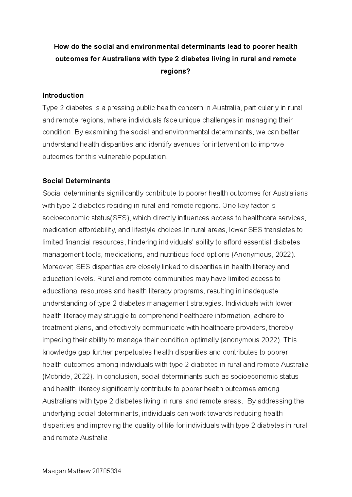 Essay Assignment 1 - How do the social and environmental determinants ...
