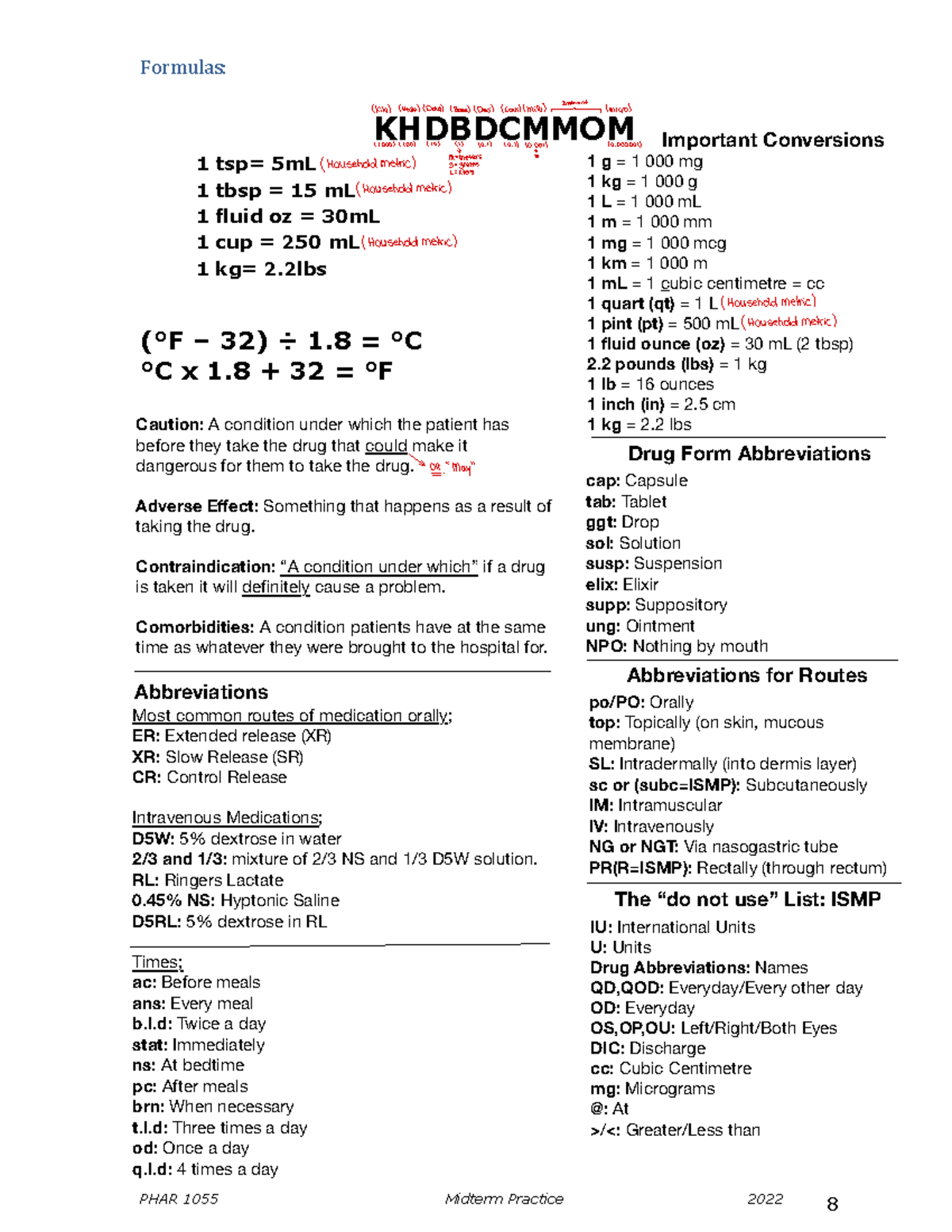 PHAR 1055 - Cheat sheet - PHAR 1055 Midterm Practice 2022 Formulas ...