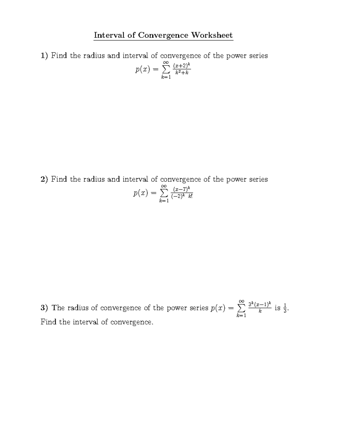 Interval of Convergence Worksheet - Find the interval of convergence ...