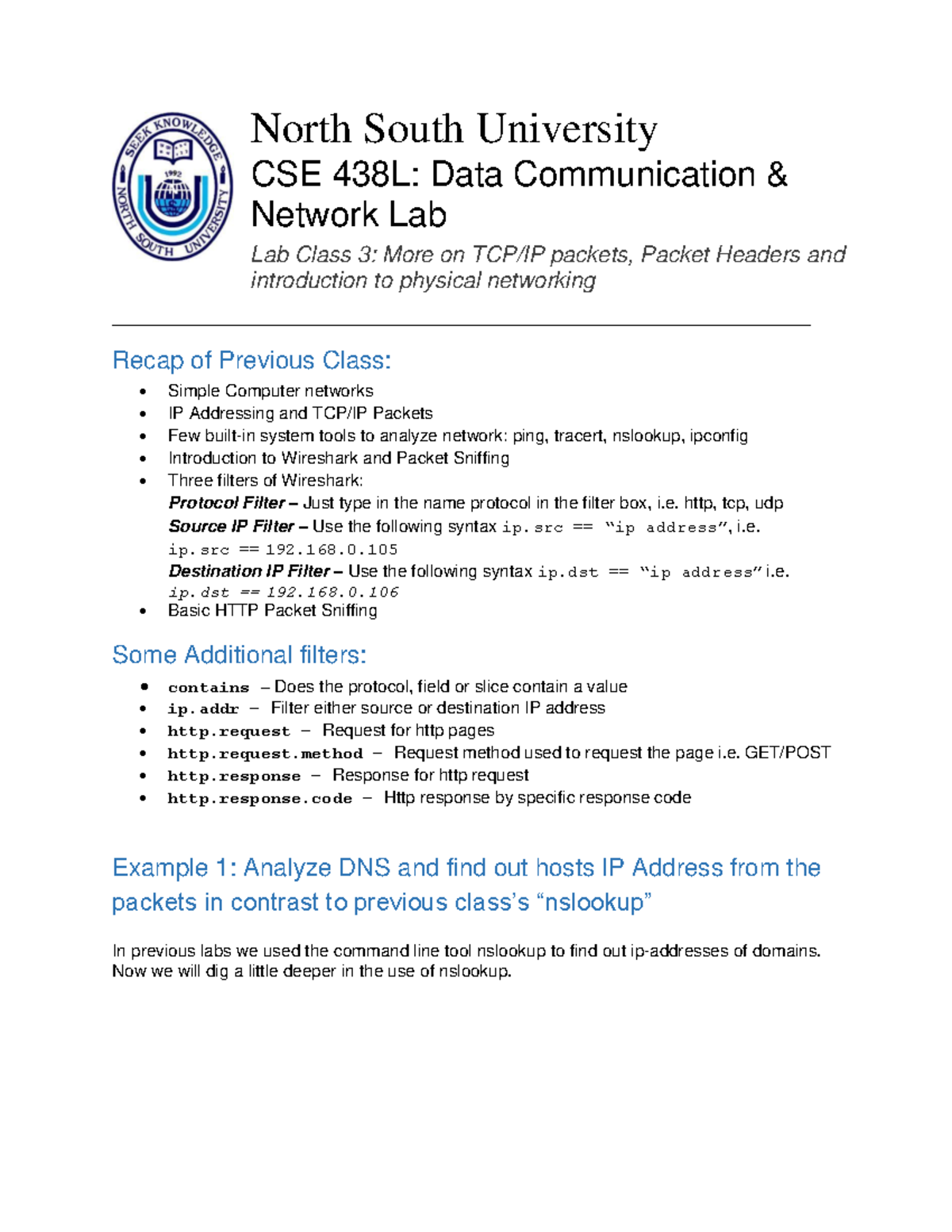 CSE 338-438 Lab Manual 3 (Summer 23) - North South University CSE 438L: Data Communication ...