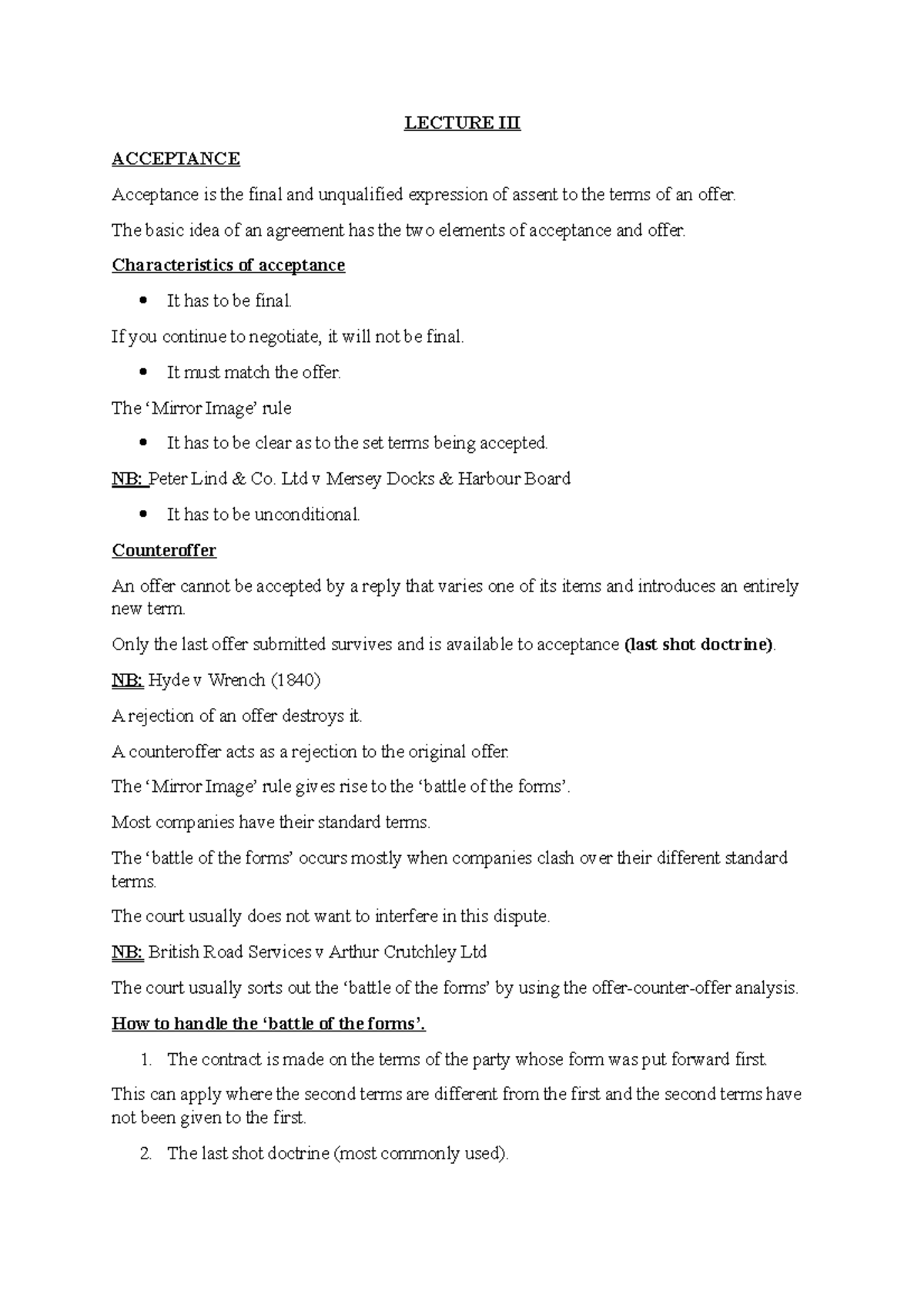 Acceptance and counteroffer - LECTURE III ACCEPTANCE Acceptance is the ...