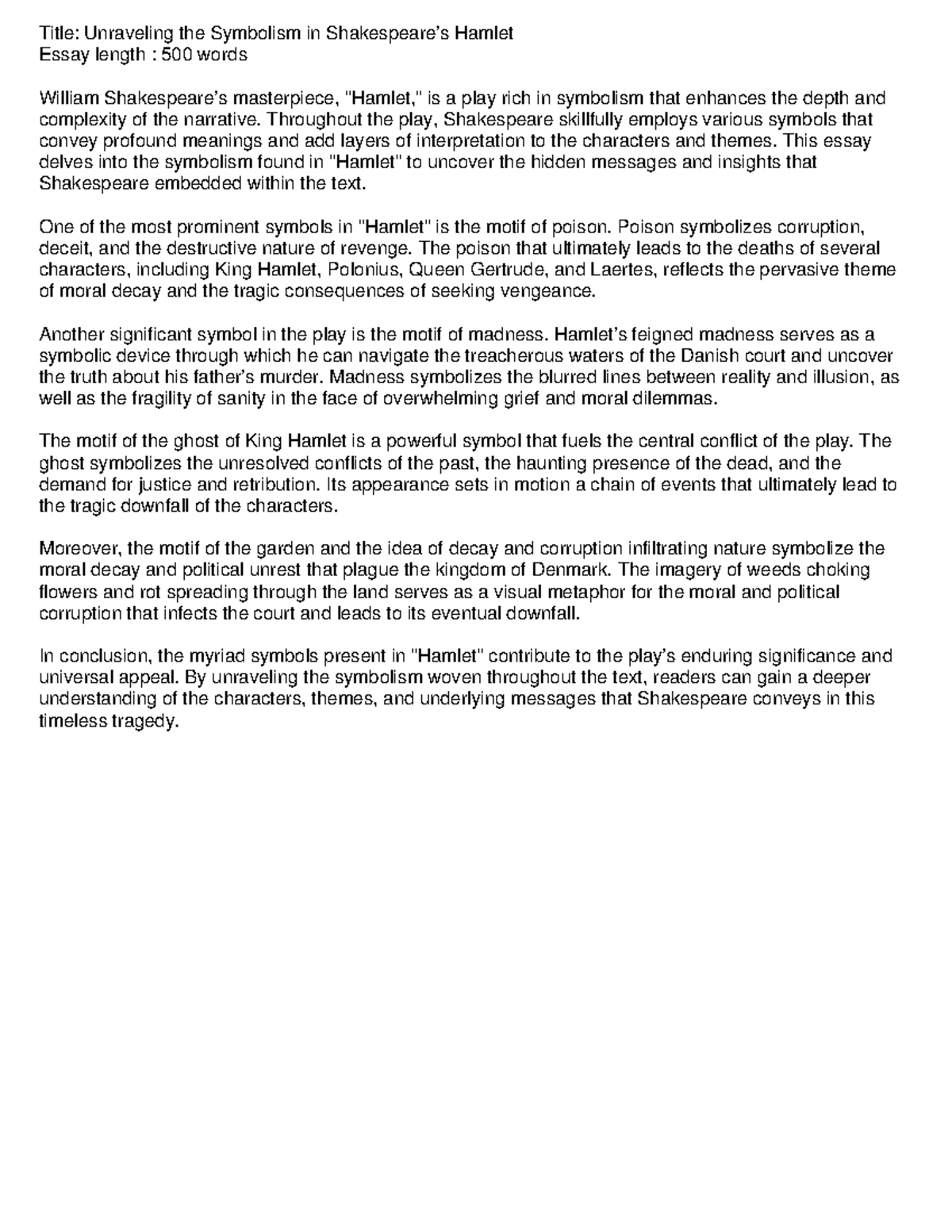 Analysis of symbolism in Shakespeare's Hamlet - Title: Unraveling the ...