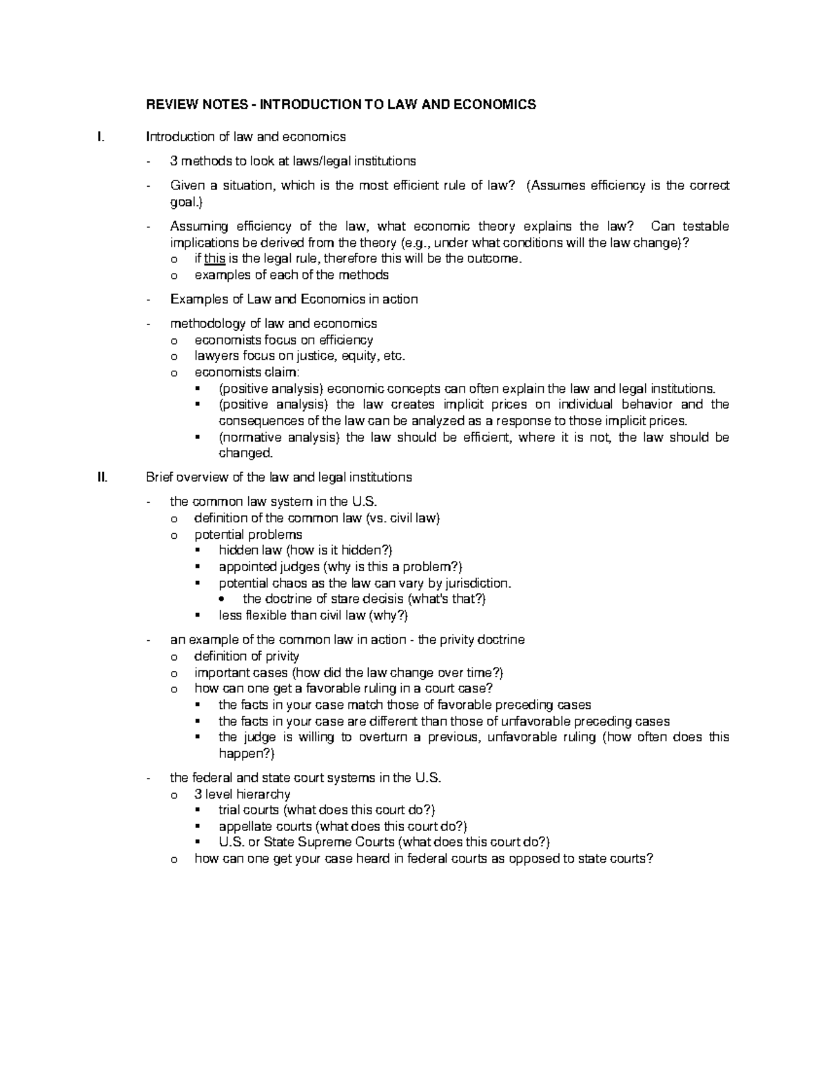 REVIEW NOTES - INTRODUCTION TO LAW AND ECONOMICS I. Introduction ...