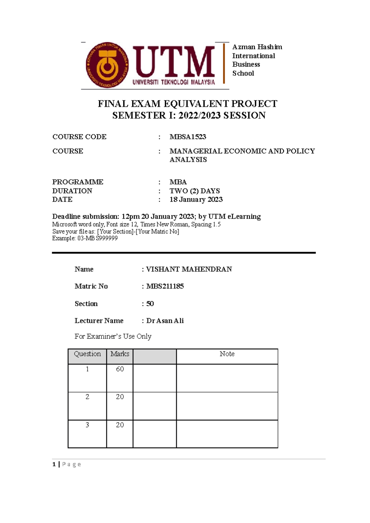 MANAGERIAL ECONOMIC AND POLICY ANALYSIS - Azman Hashim International ...