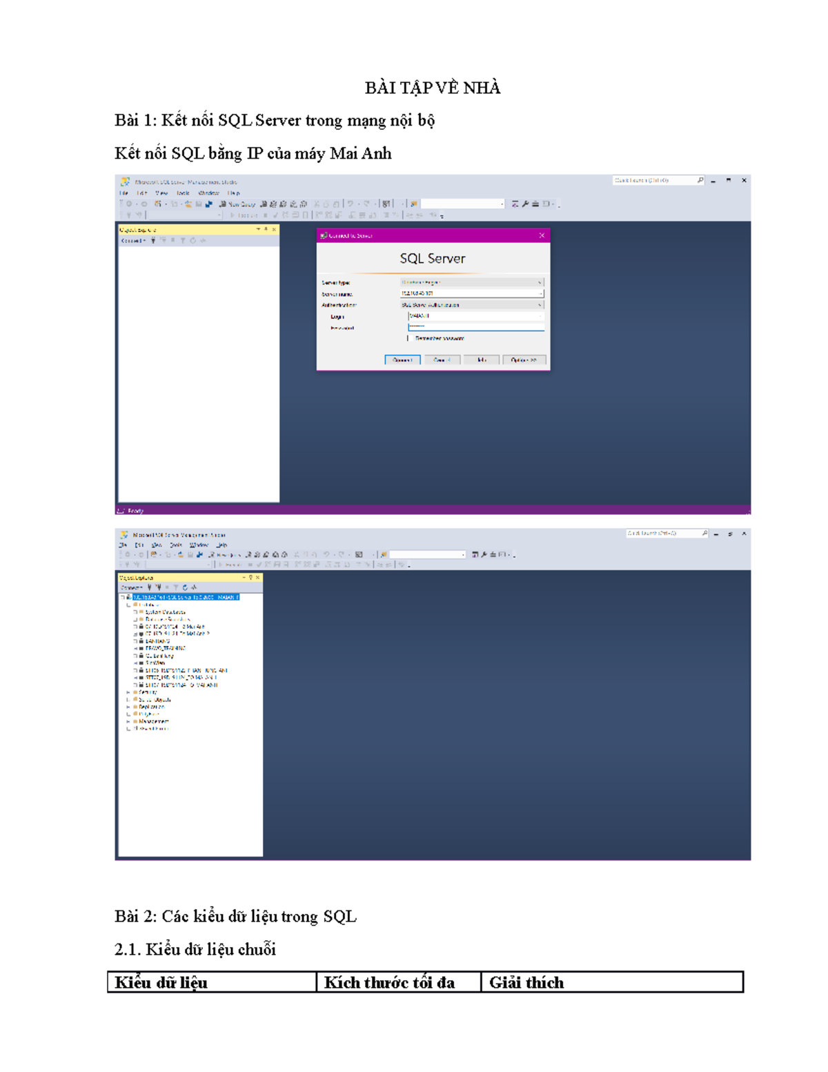 BÀI TẬP VỀ NHÀ - huyuhiujji - BÀI TẬP VỀ NHÀ Bài 1: Kết nối SQL Server ...