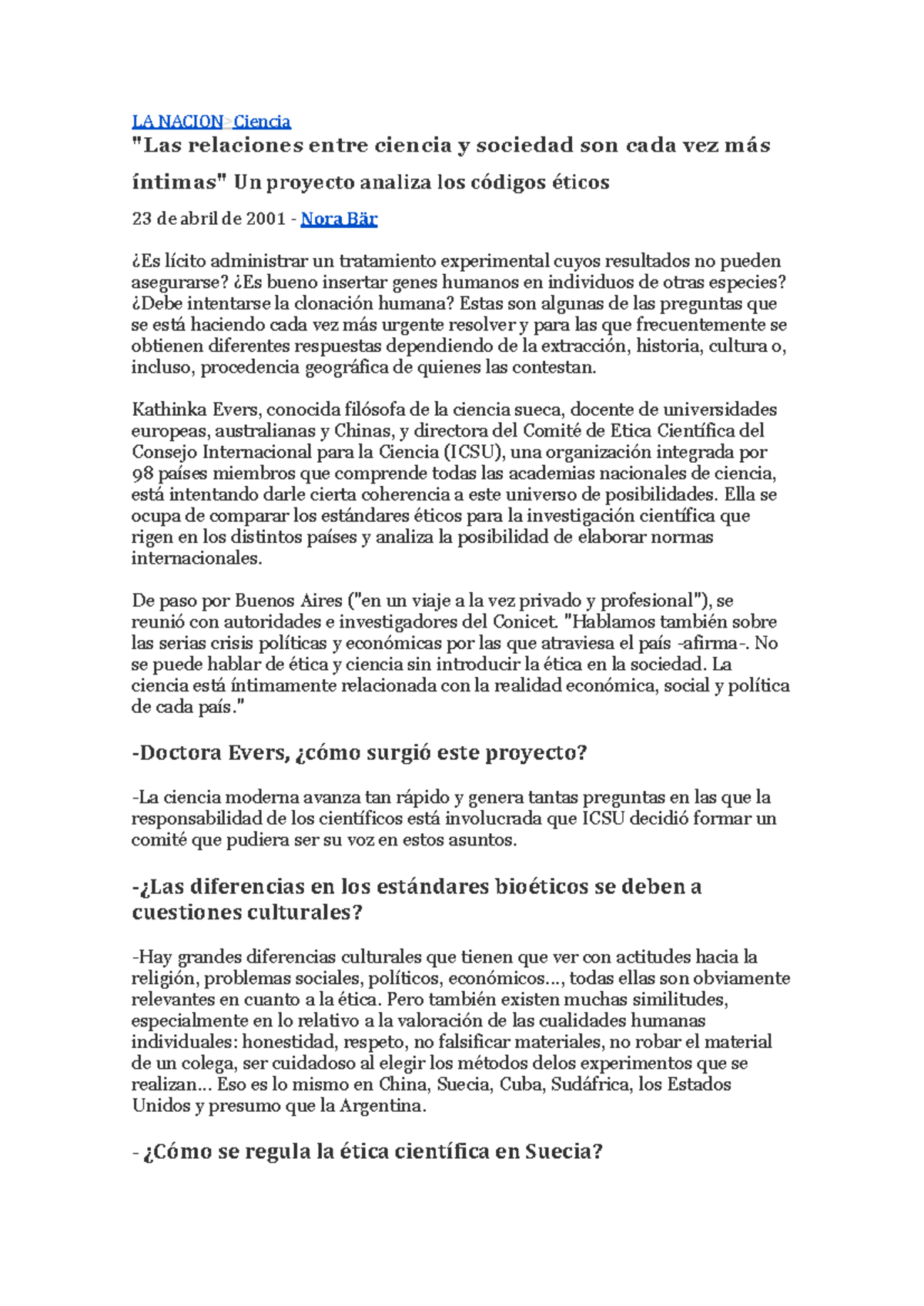 Ciencia y etica filo ii - LA NACION>Ciencia "Las relaciones entre ...
