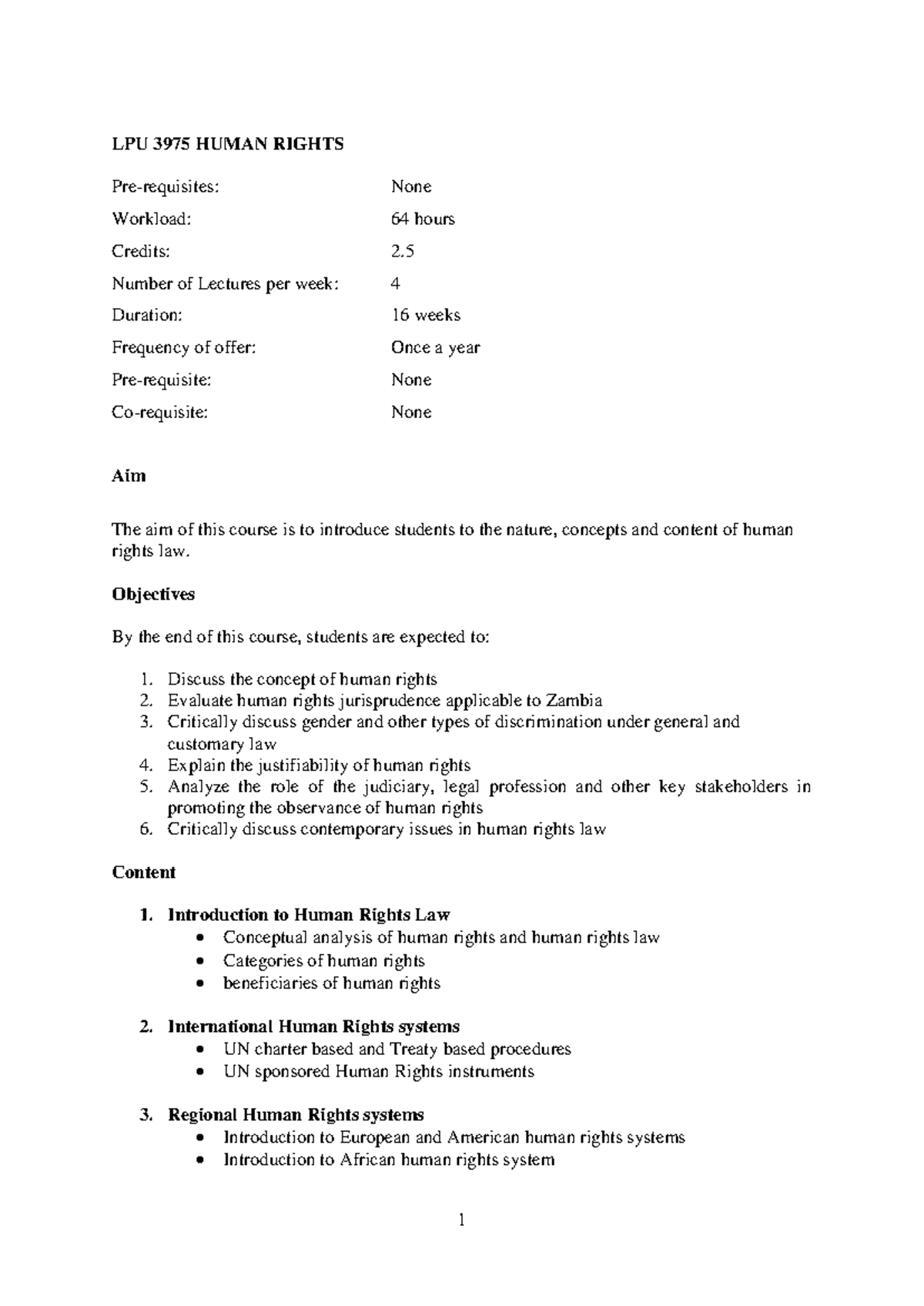 Human rights course outline - 1 LPU 3975 HUMAN RIGHTS Pre-requisites ...