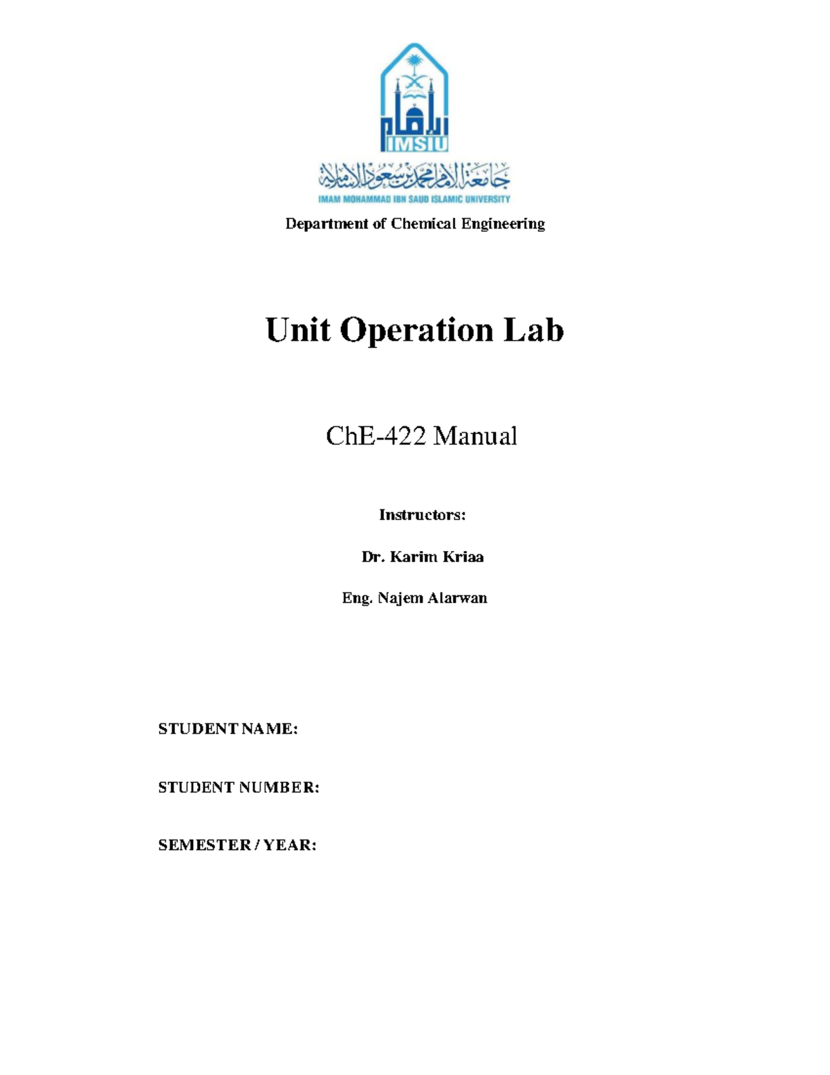 Unit Operation Lab Manual - ChE- 422 Manual Instructors: Dr. Karim ...