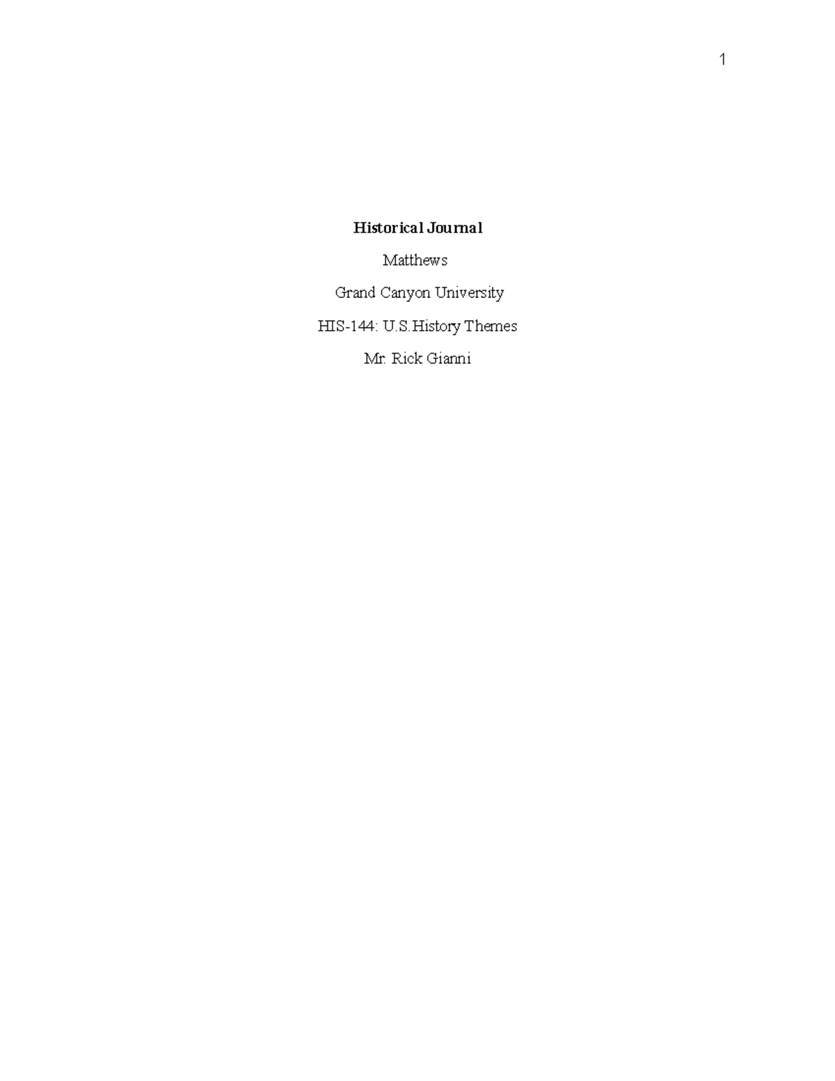 U.S. History-Historical Journal - 1 Historical Journal Matthews Grand ...
