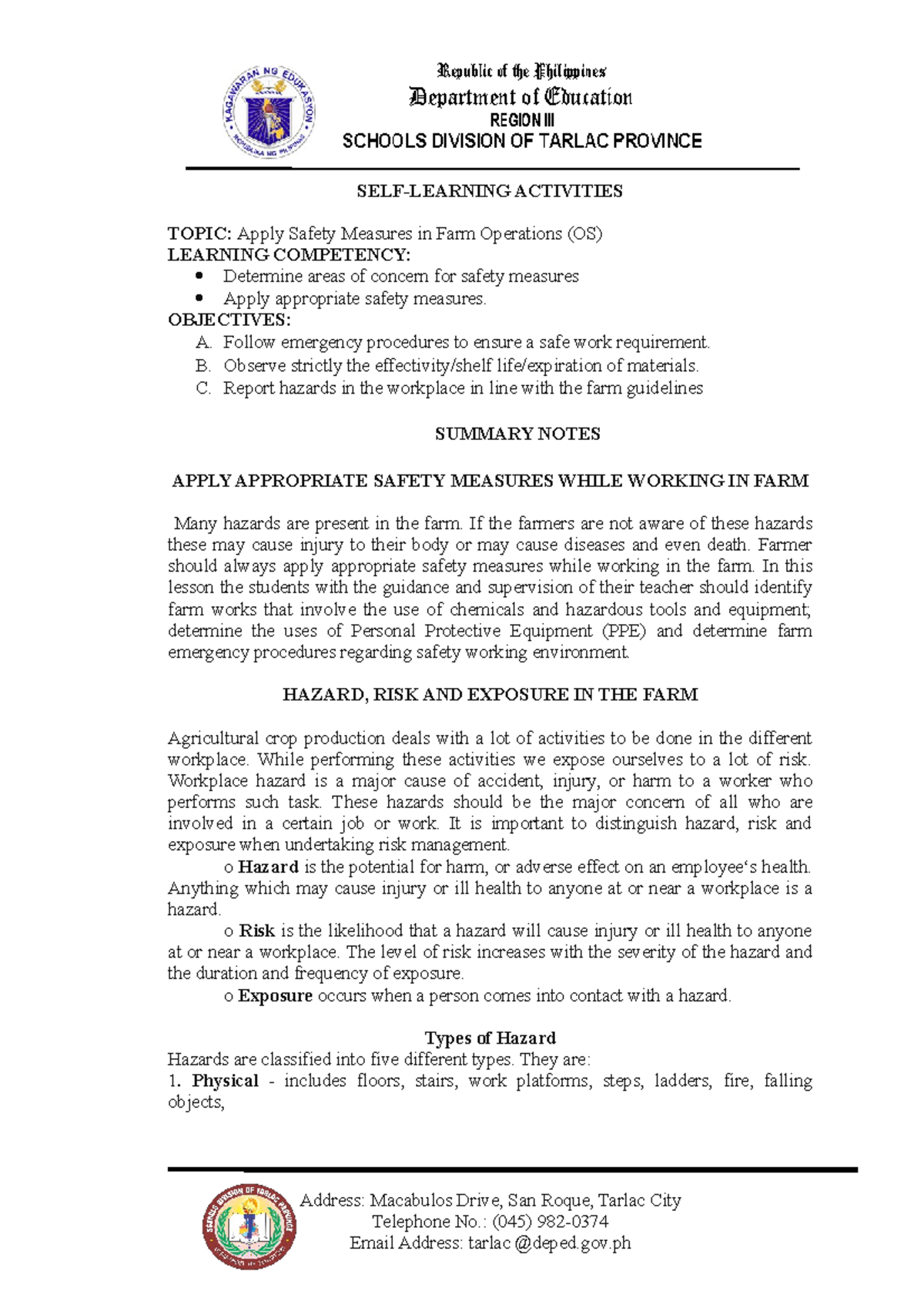 6 - Apply Safety Measures - SELF-LEARNING ACTIVITIES TOPIC: Apply Safety Measures in Farm ...