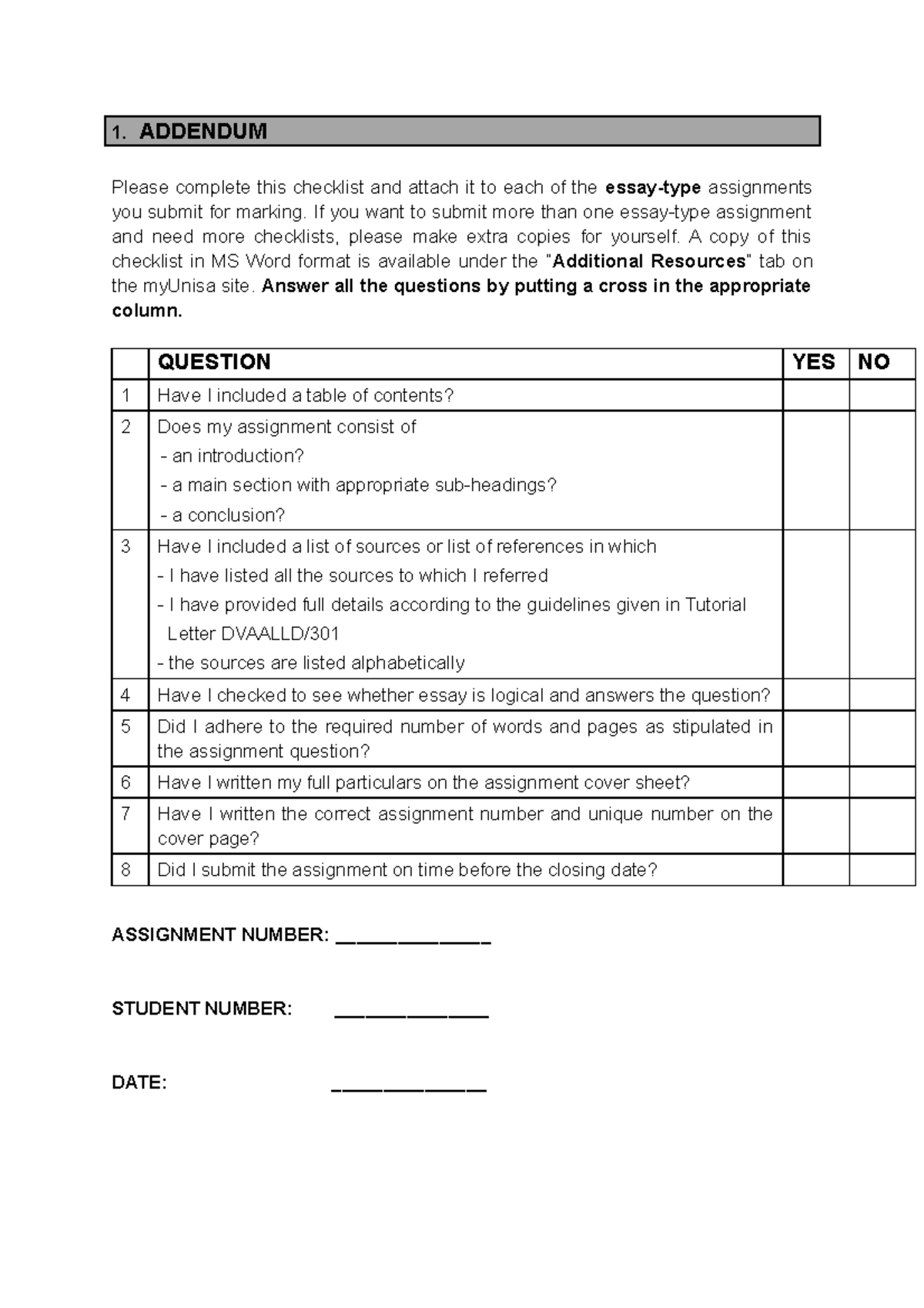 Assignment checklist - 1. ADDENDUM Please complete this checklist and ...