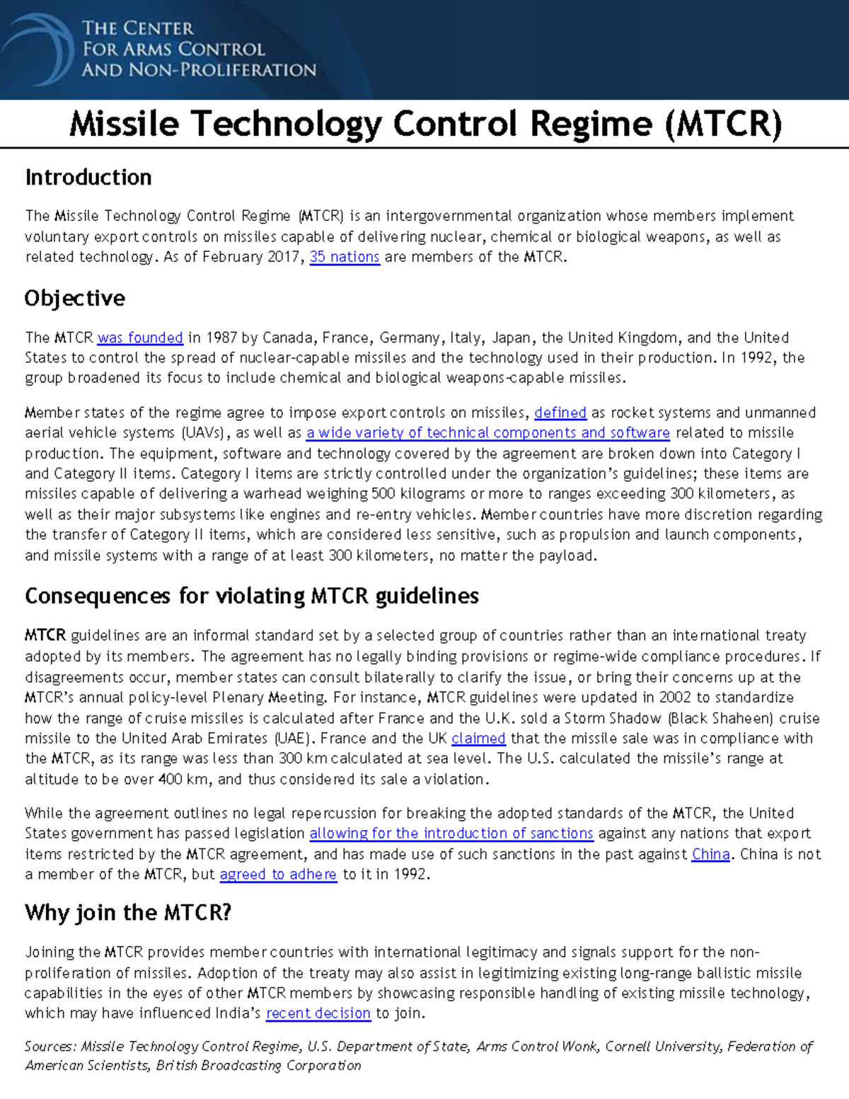 Missile Technology Control Regime MTCR Factsheet - Missile Technology ...