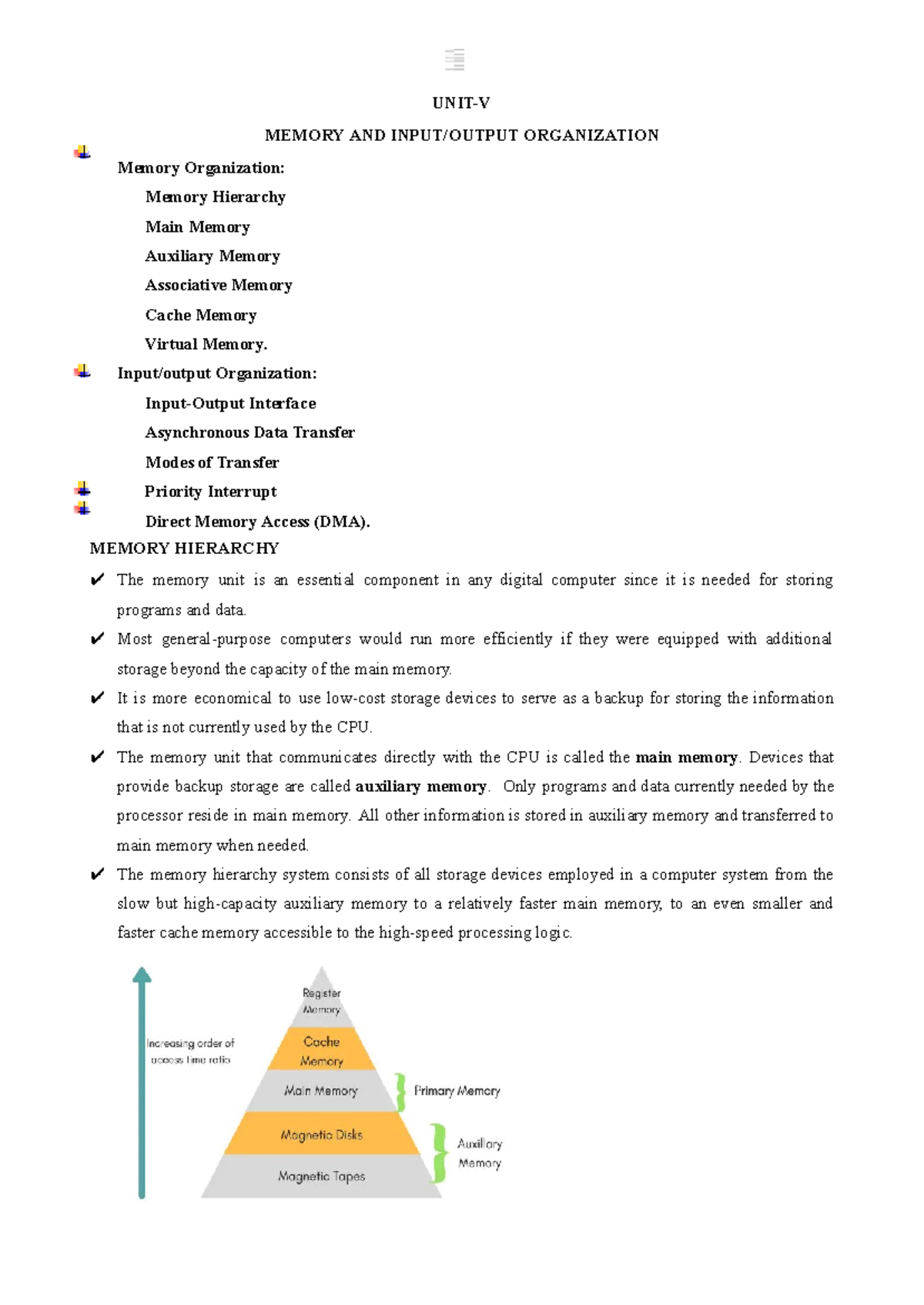 CA - UNIT V part 2 - Computer arch. - UNIT-V MEMORY AND INPUT/OUTPUT ORGANIZATION Memory - Studocu