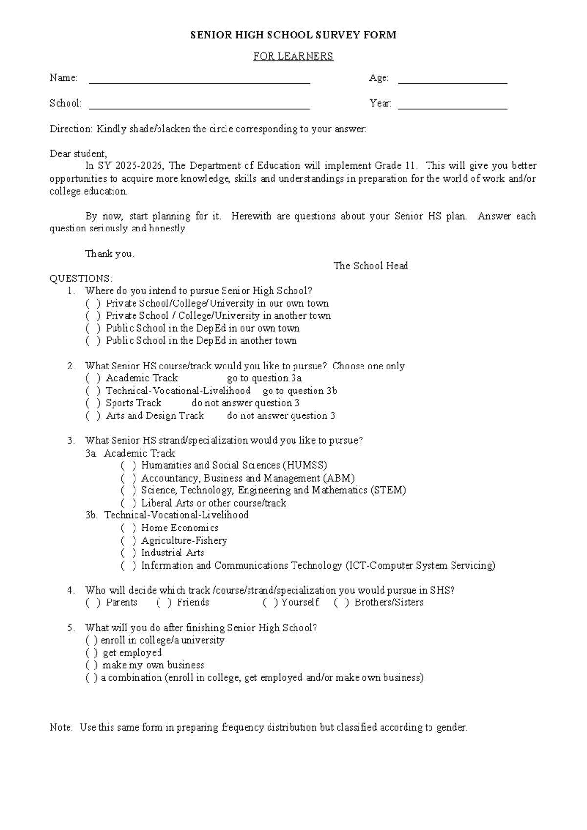Senior high school survey form 2 - SENIOR HIGH SCHOOL SURVEY FORM FOR ...