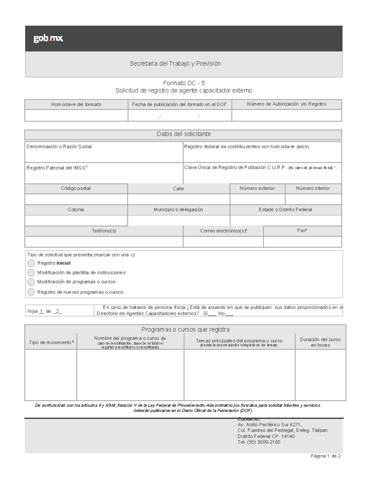 Formato DC 5 - Secretaría del Trabajo y Previsión Social Página 1 de 2 ...