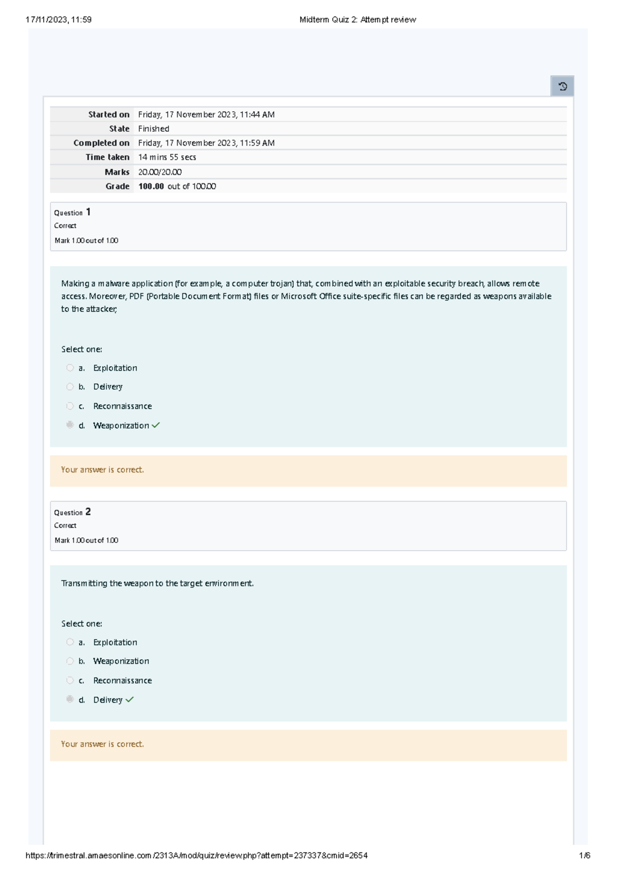 Midterm Quiz 2 Attempt review - Started on Friday, 17 November 2023, 11:44 AM State Finished ...