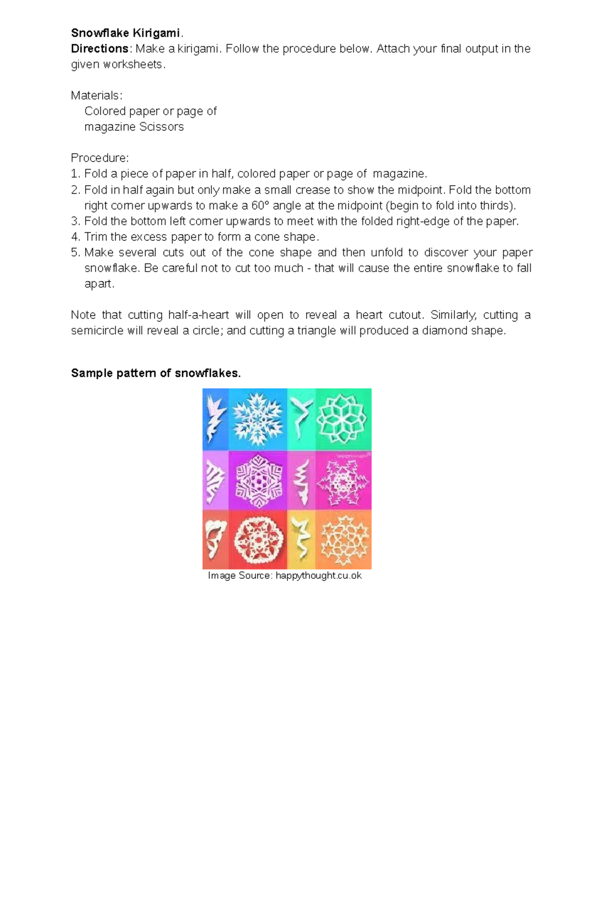 ARTS 2 - ARTS - Snowflake Kirigami. Directions : Make a kirigami ...