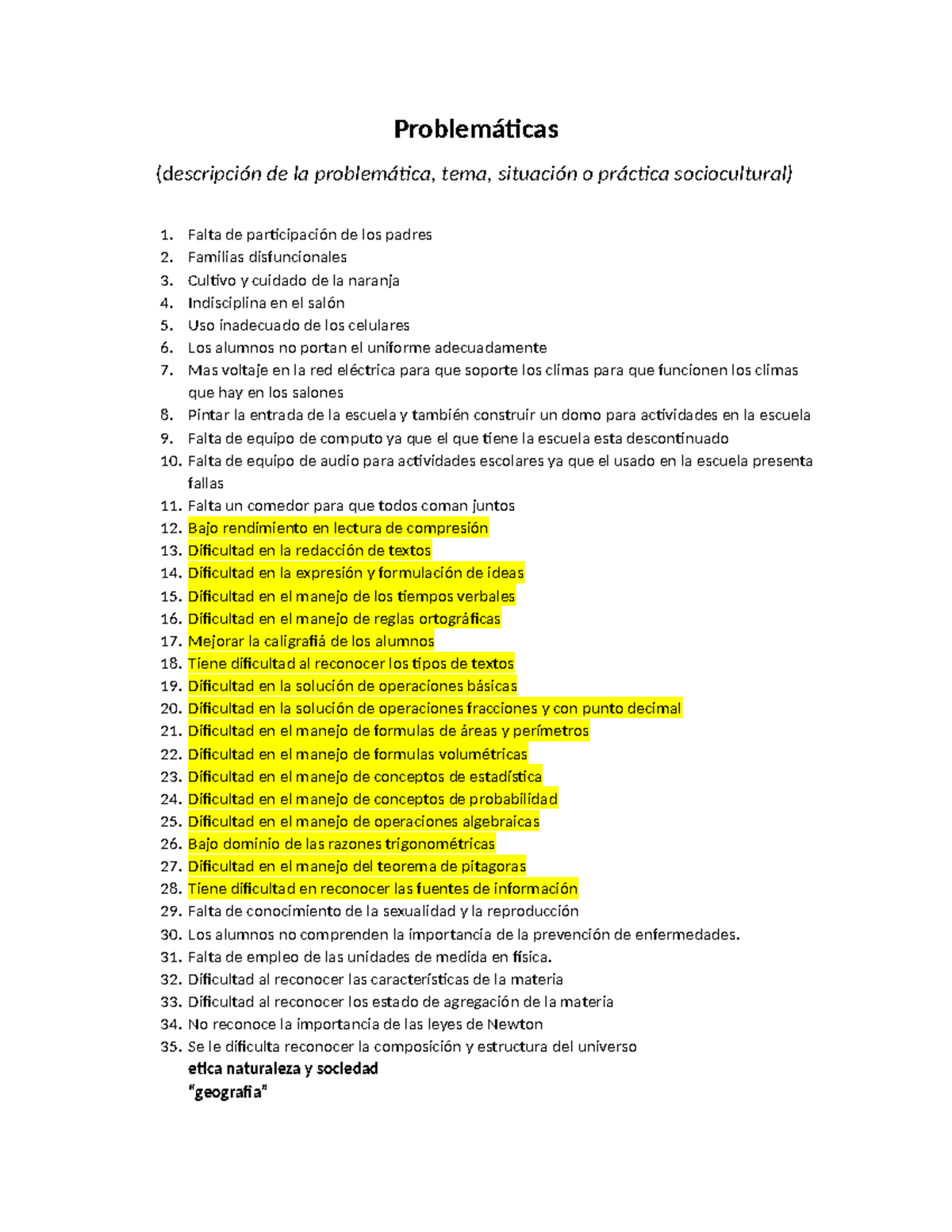 Problemáticas - ESPERO Y LES SIRVA - Problemáticas (descripción de la ...