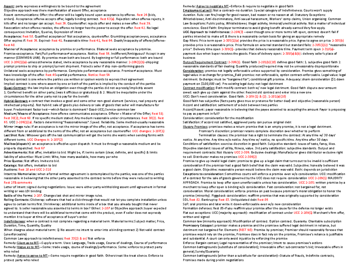Contracts Final Cheat Sheet - Assent: party expresses a willingness to ...