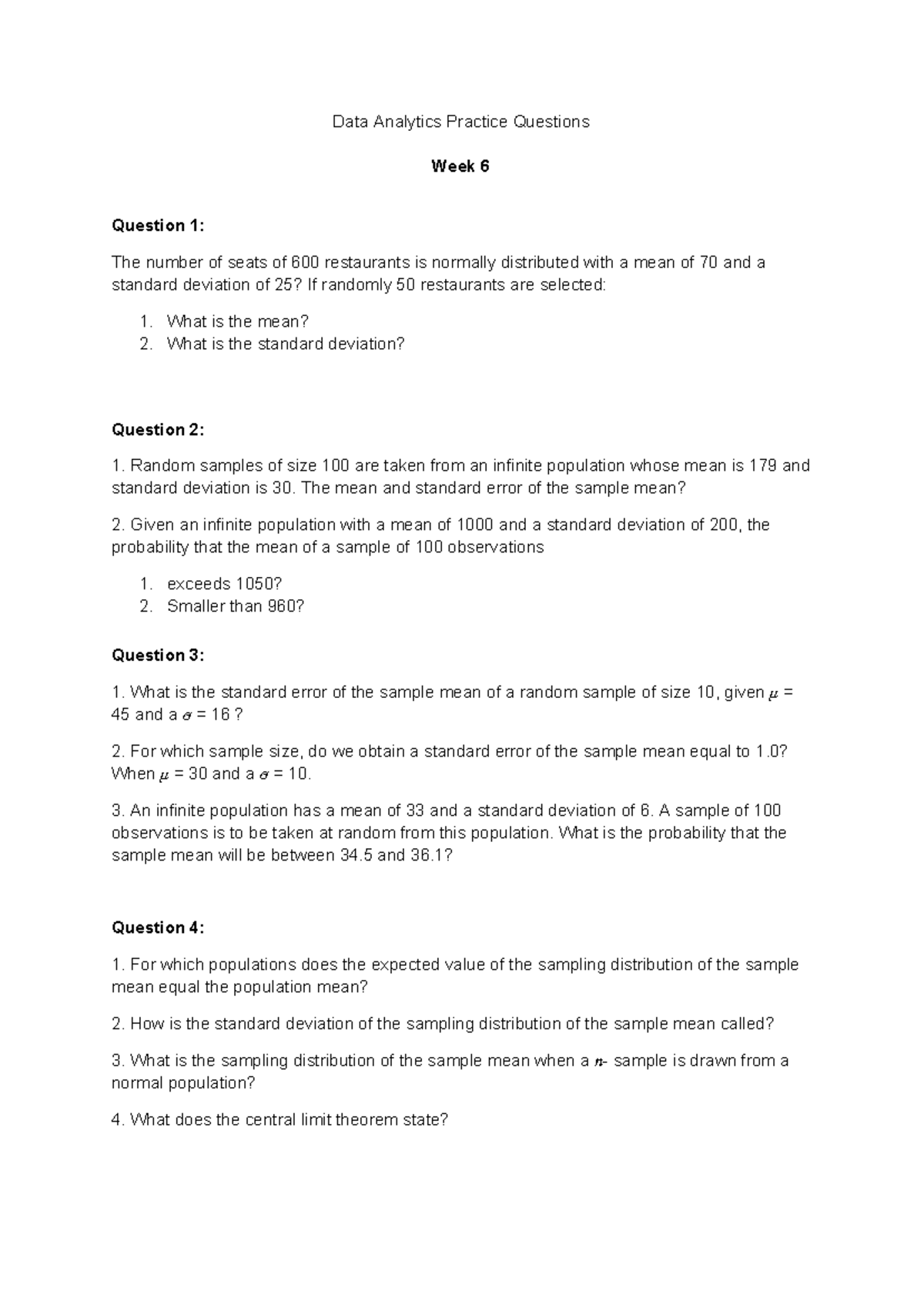 Data Analytics Practice Questions Week 6 Data Analytics Practice