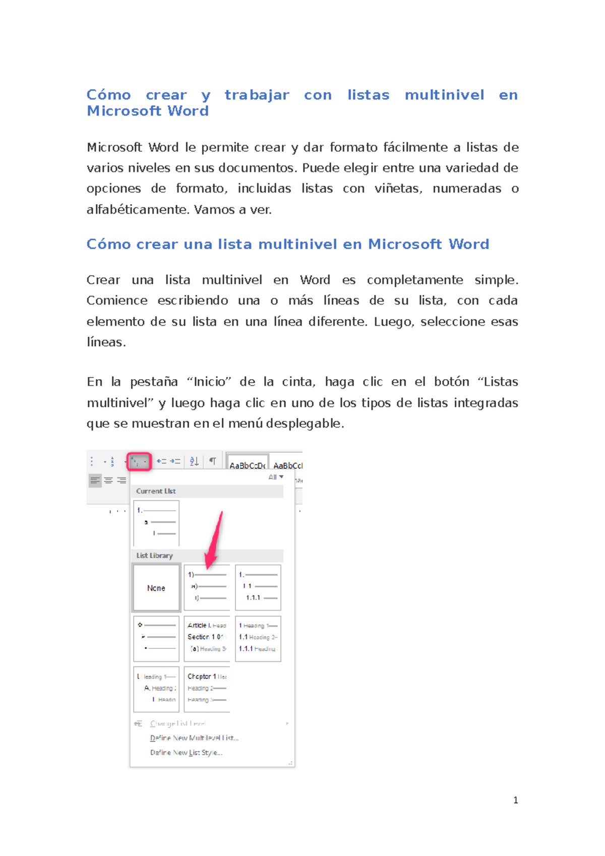 Cómo crear y trabajar con listas multinivel en Microsoft Word - Cómo crear y trabajar con listas ...