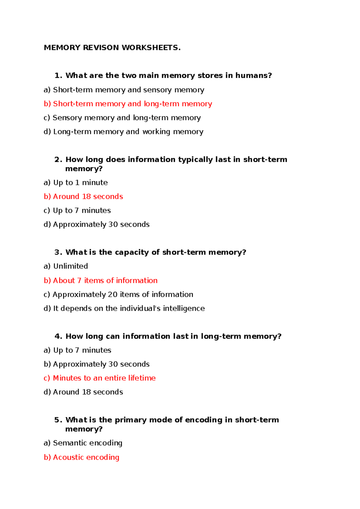 Revision for yesr 9 DE - memory revison worksheet with answers - MEMORY ...