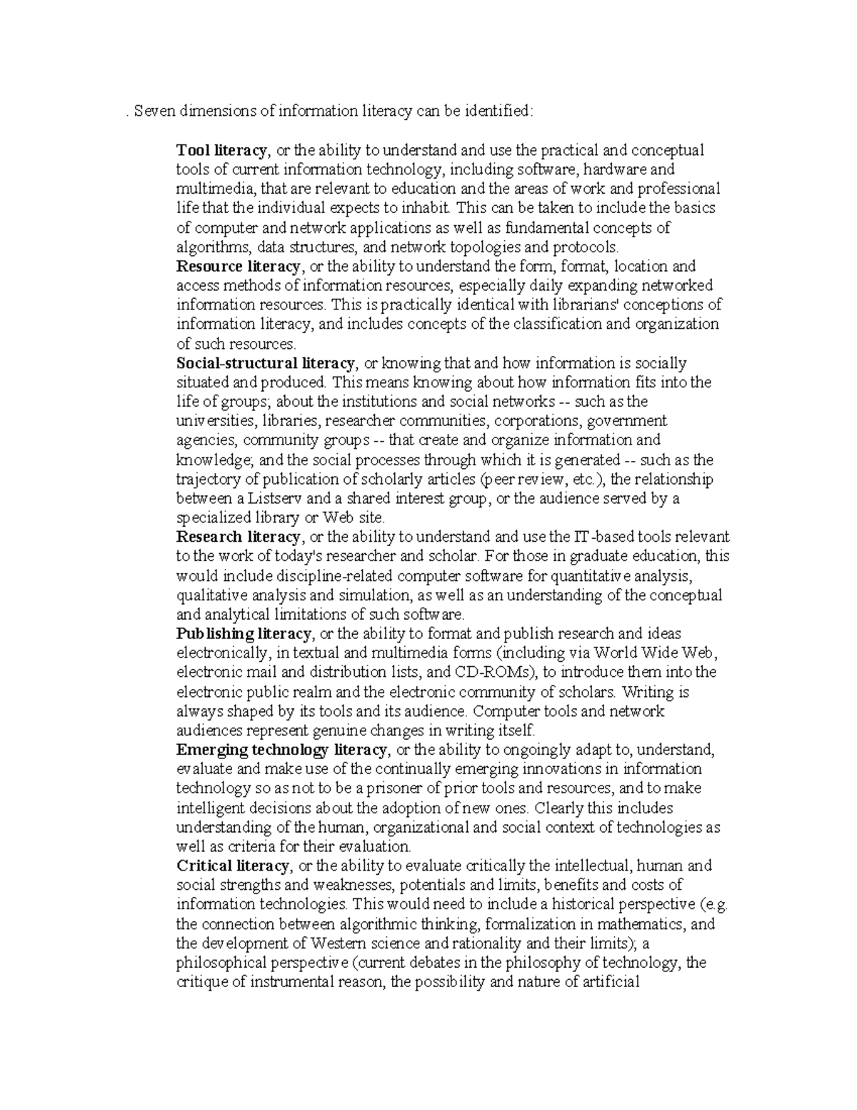 Seven Dimensions of Information Literacy - Seven dimensions of ...