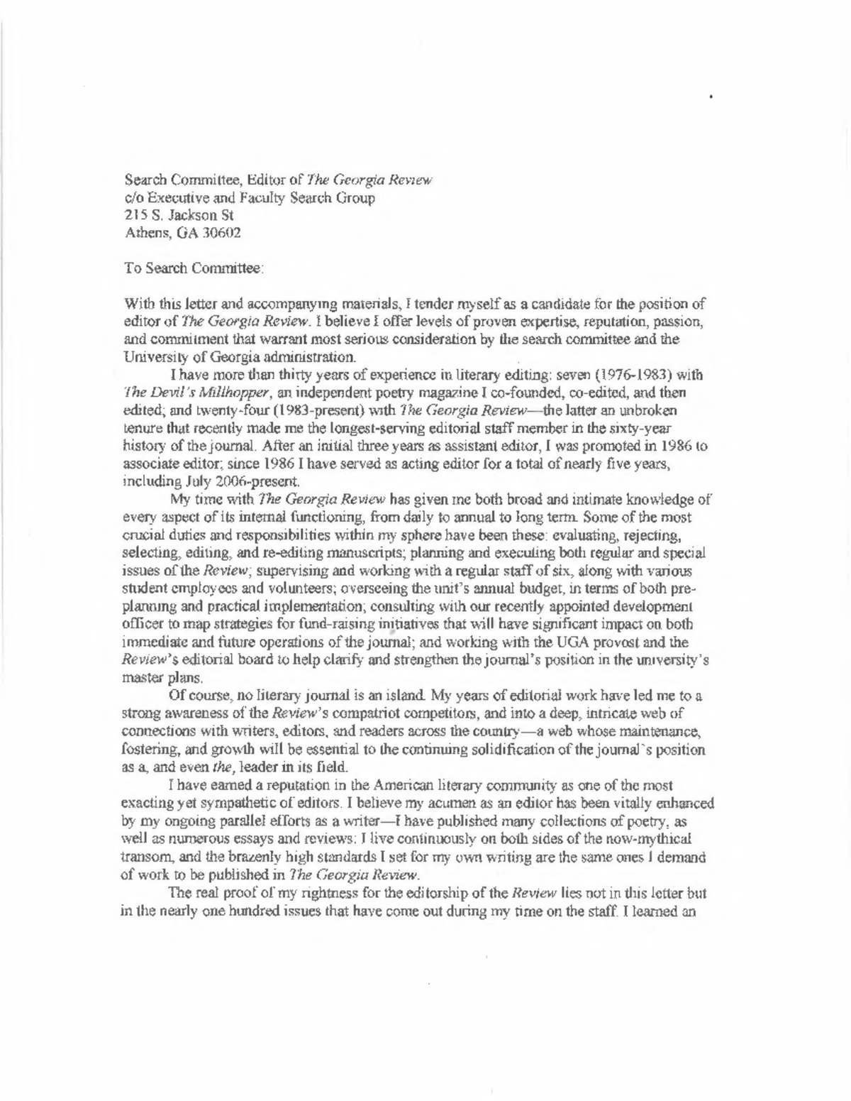 Stephen Corey cover letter - Search Committee, Editor of The Georgia ...