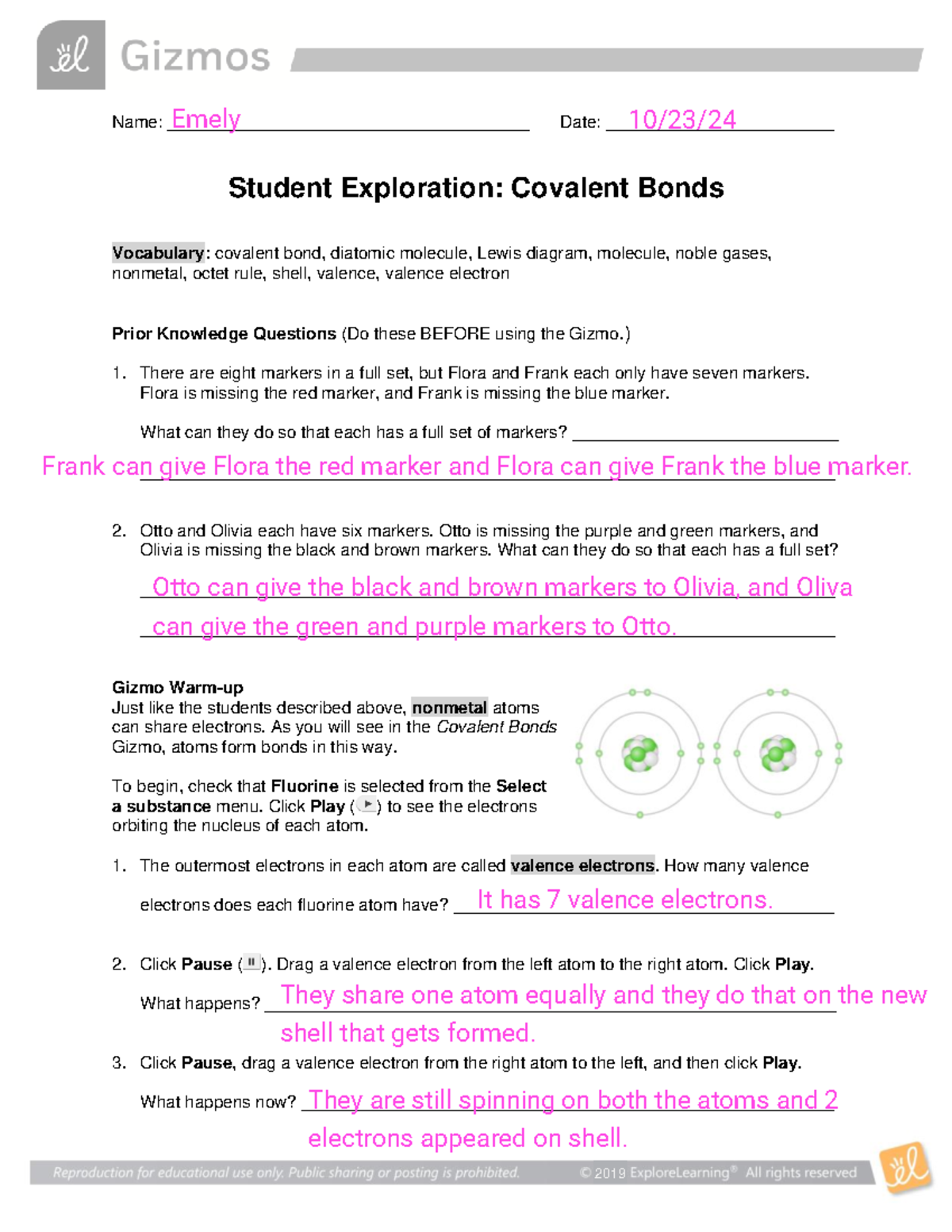 Gizmo/Student Exploration: Covalent Bonds - Name: ______________________________________ Date ...