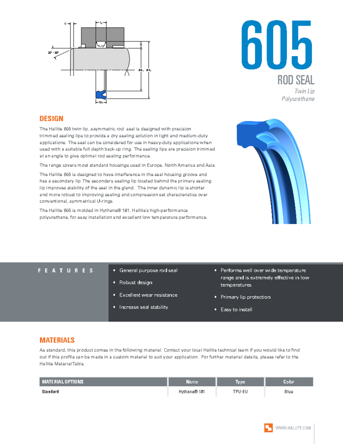 Fluid power inch catalogue 2018 605 web - 605 ROD SEAL Twin Lip Polyurethane DESIGN The Hallite ...