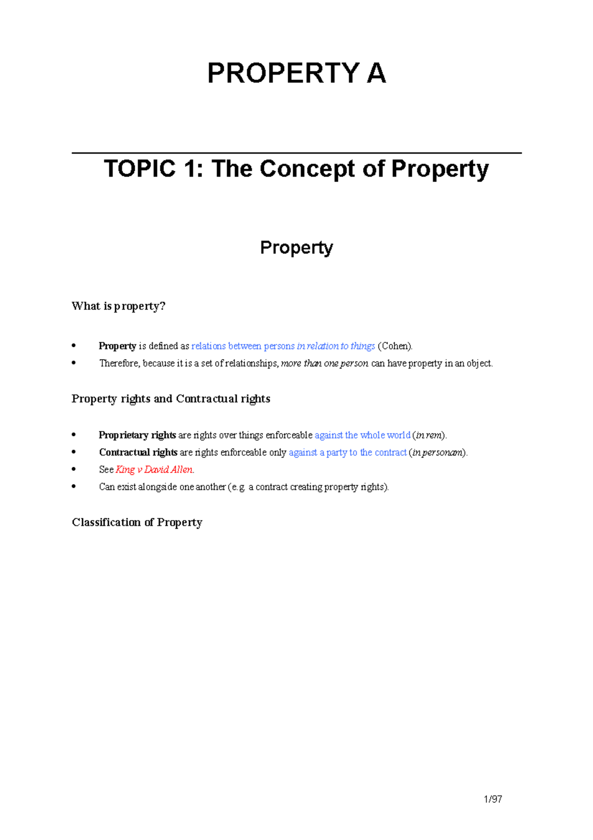 Lecture Notes Lectures 1 10 Property Law A Property A Topic 1 The