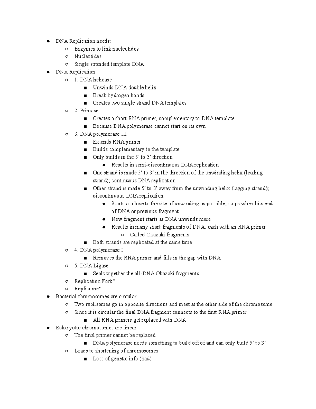 BISC 1-22-20 - Lecture 5 notes - DNA Replication needs: Enzymes to link ...