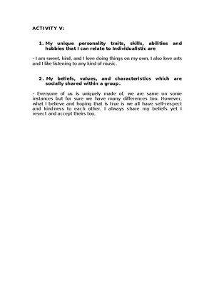 Activity IV (understanding the self) - ACTIVITY IV: 2. Reflect and ...