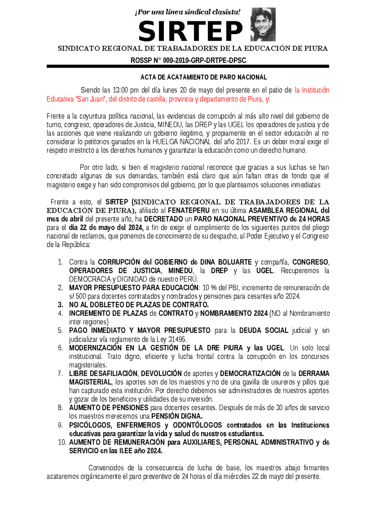 ACTA DE Acatamiento DE PARO Nacional - SINDICATO REGIONAL DE ...
