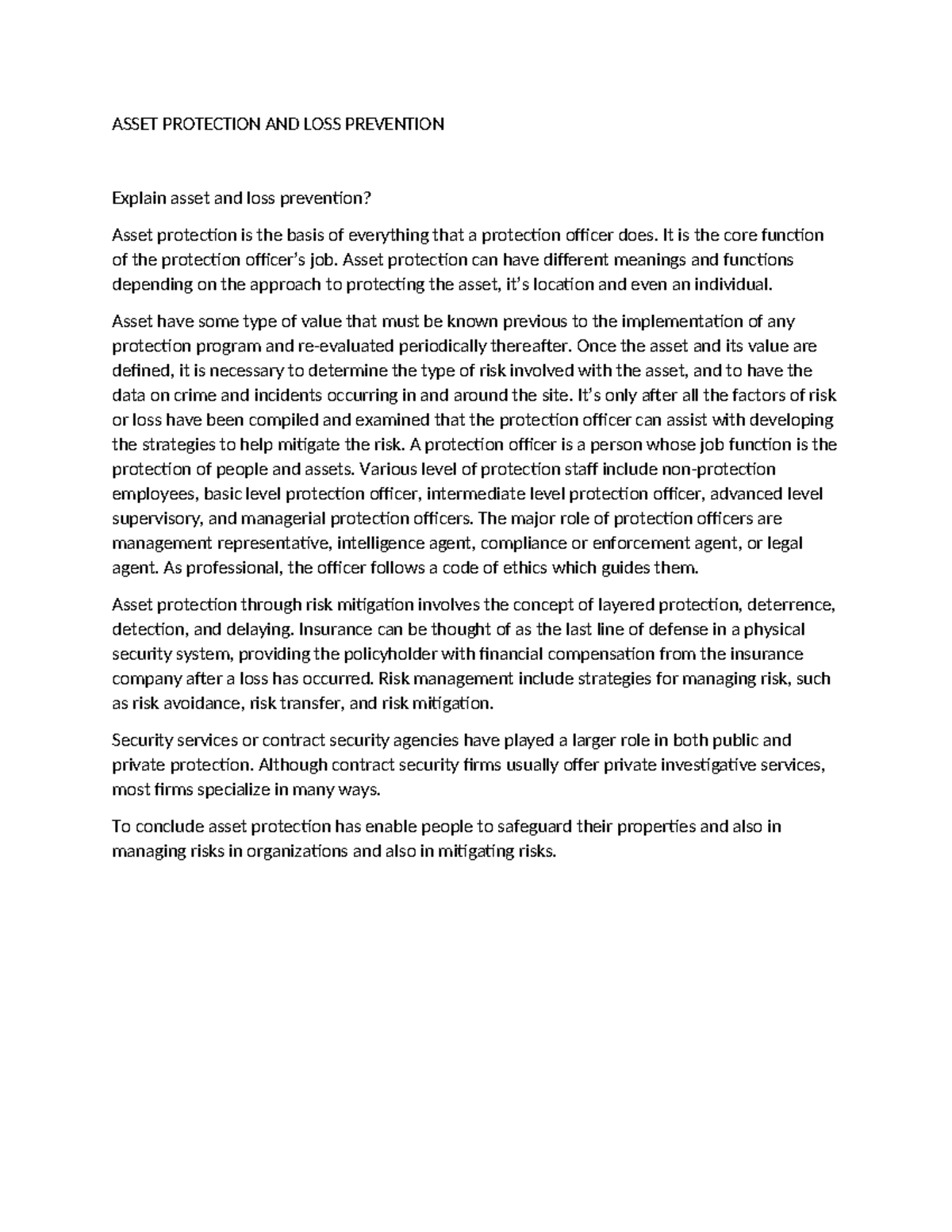 Asset Protection AND LOSS Prevention - ASSET PROTECTION AND LOSS ...