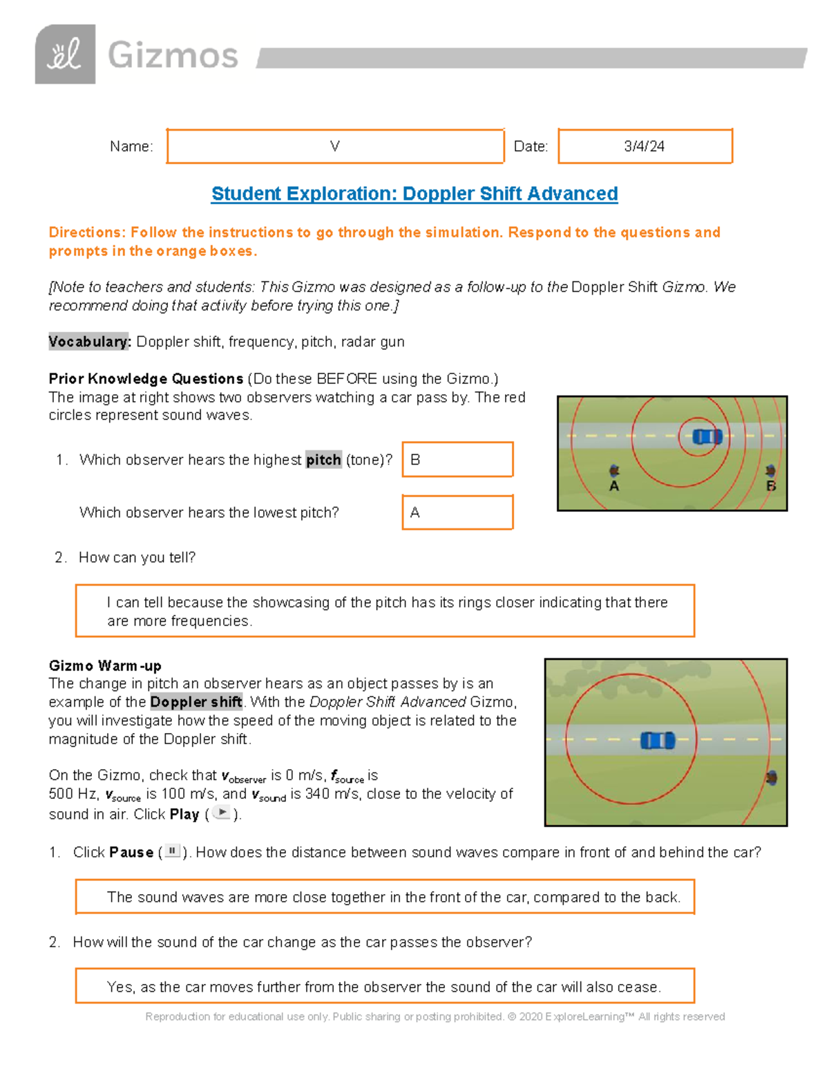 -Doppler Advanced SE - Answers - Name: V Date: 3/4/ Student Exploration: Doppler Shift Advanced ...