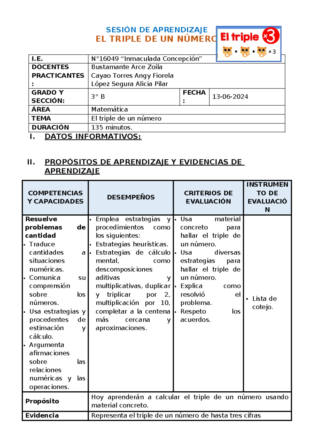 3°Mat. EL Triple DE UN Número - SESIÓN DE APRENDIZAJE EL TRIPLE DE UN NÚMERO I. N°16049 ...