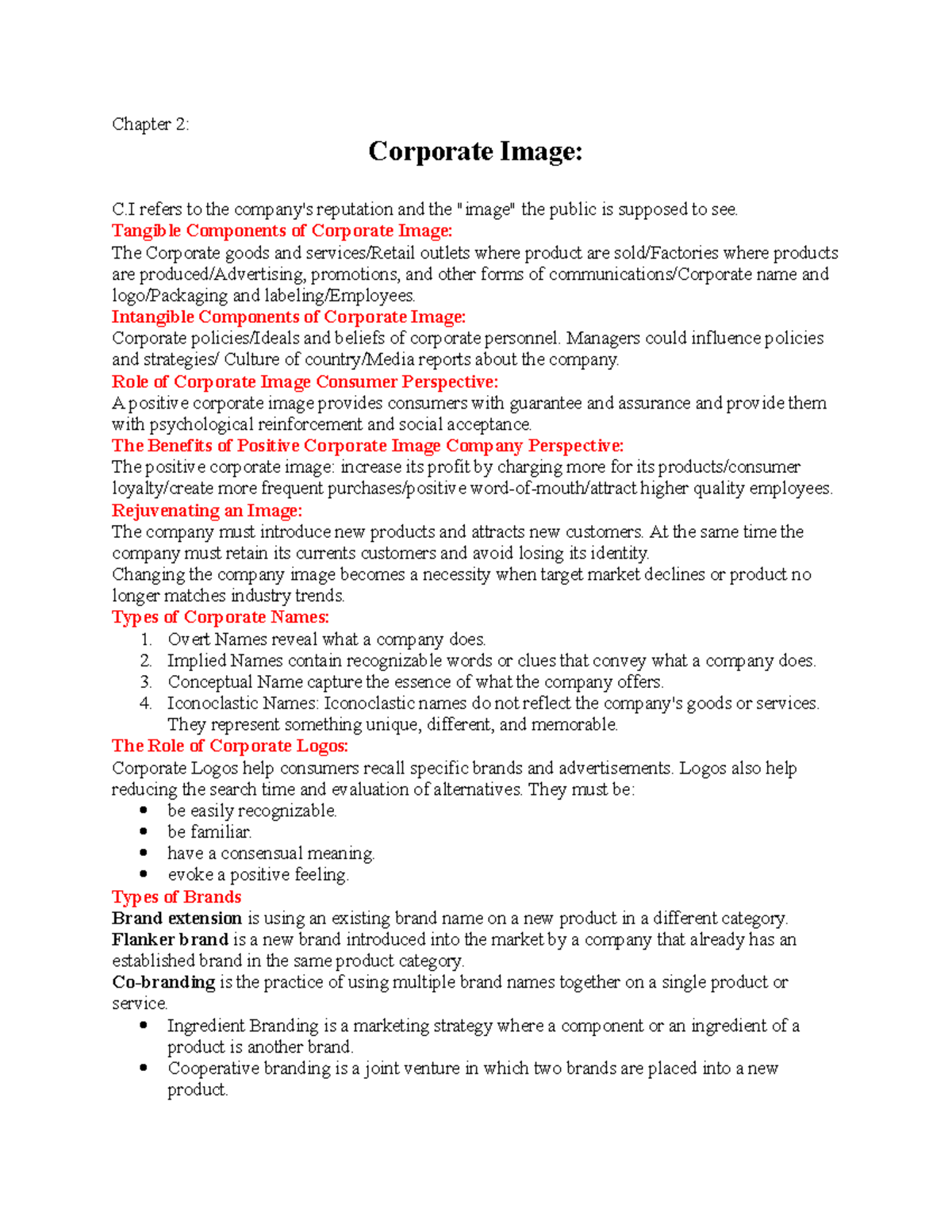 Corporate Image - cheat sheet - Chapter 2: Corporate Image: C refers to ...