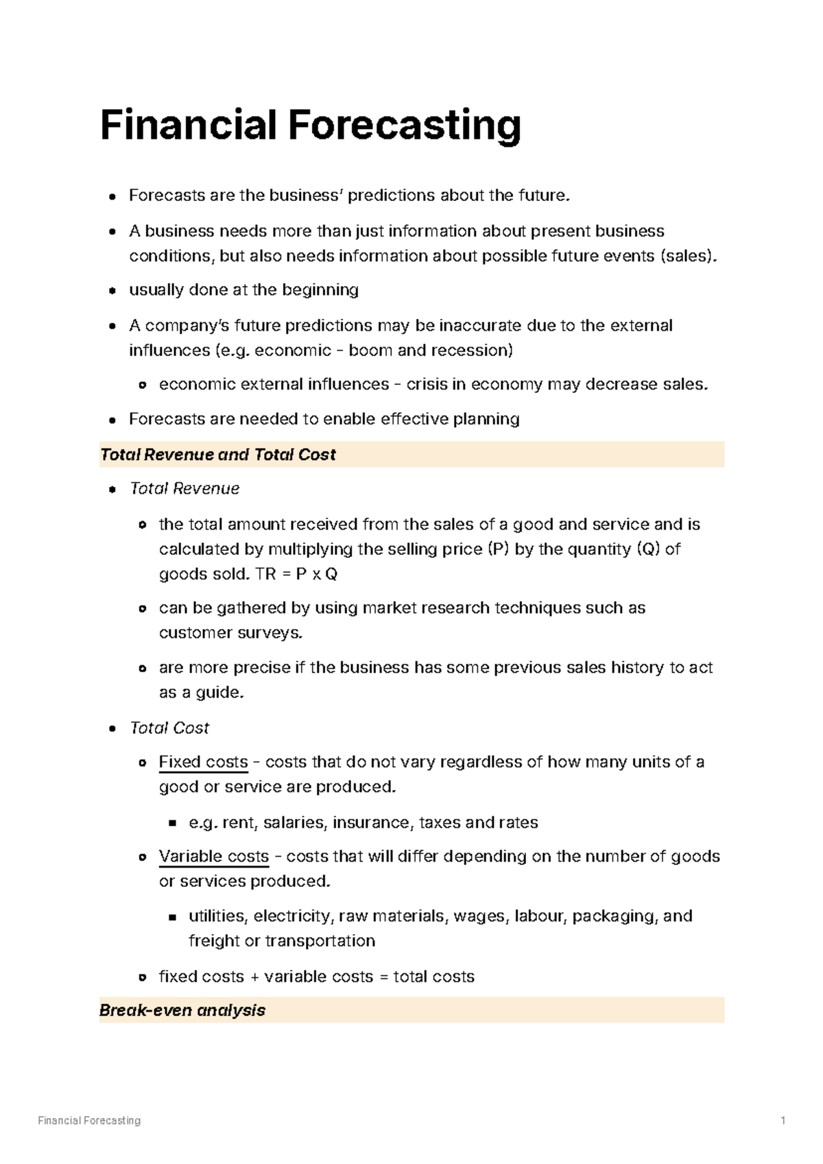Financial forecasting business notes - Financial Forecasting 1 ...