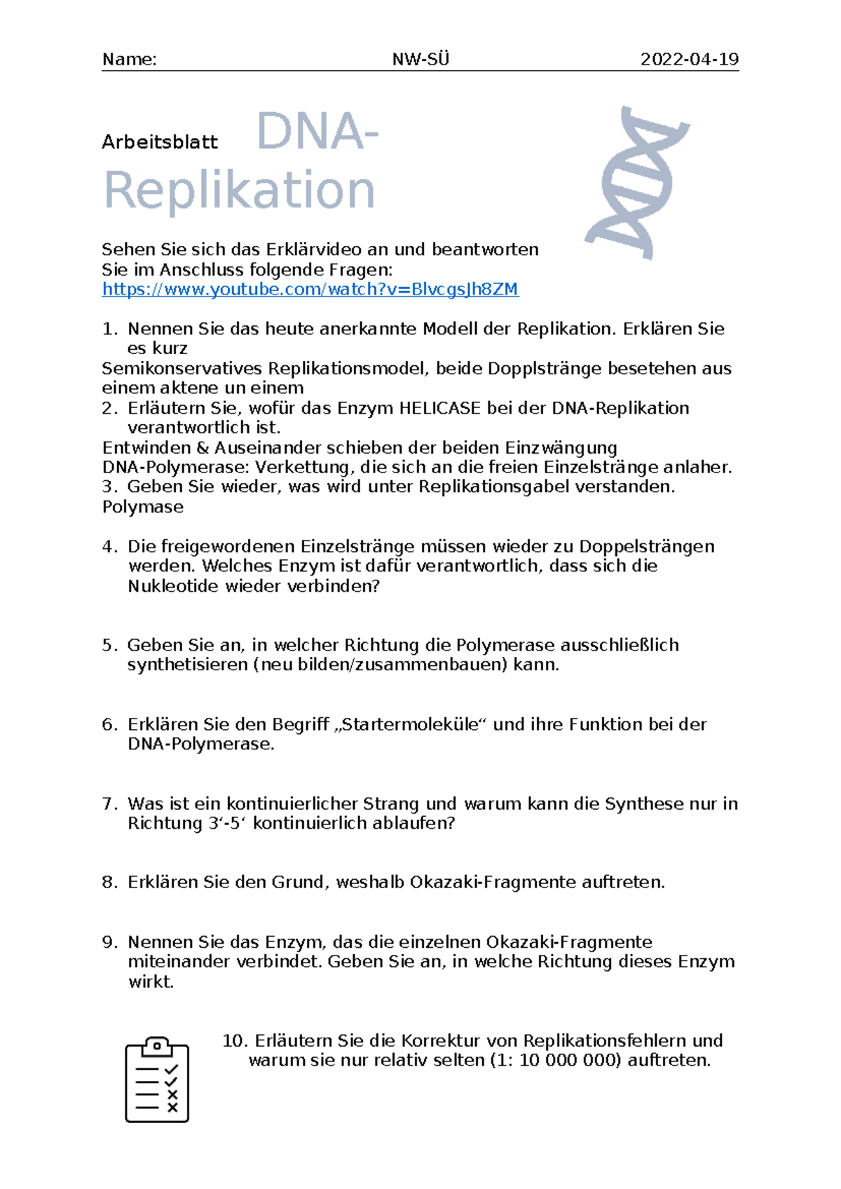 Arbeitsblatt DNA-Replikation 19 - Name: NW-SÜ 2022-04- Arbeitsblatt DNA ...