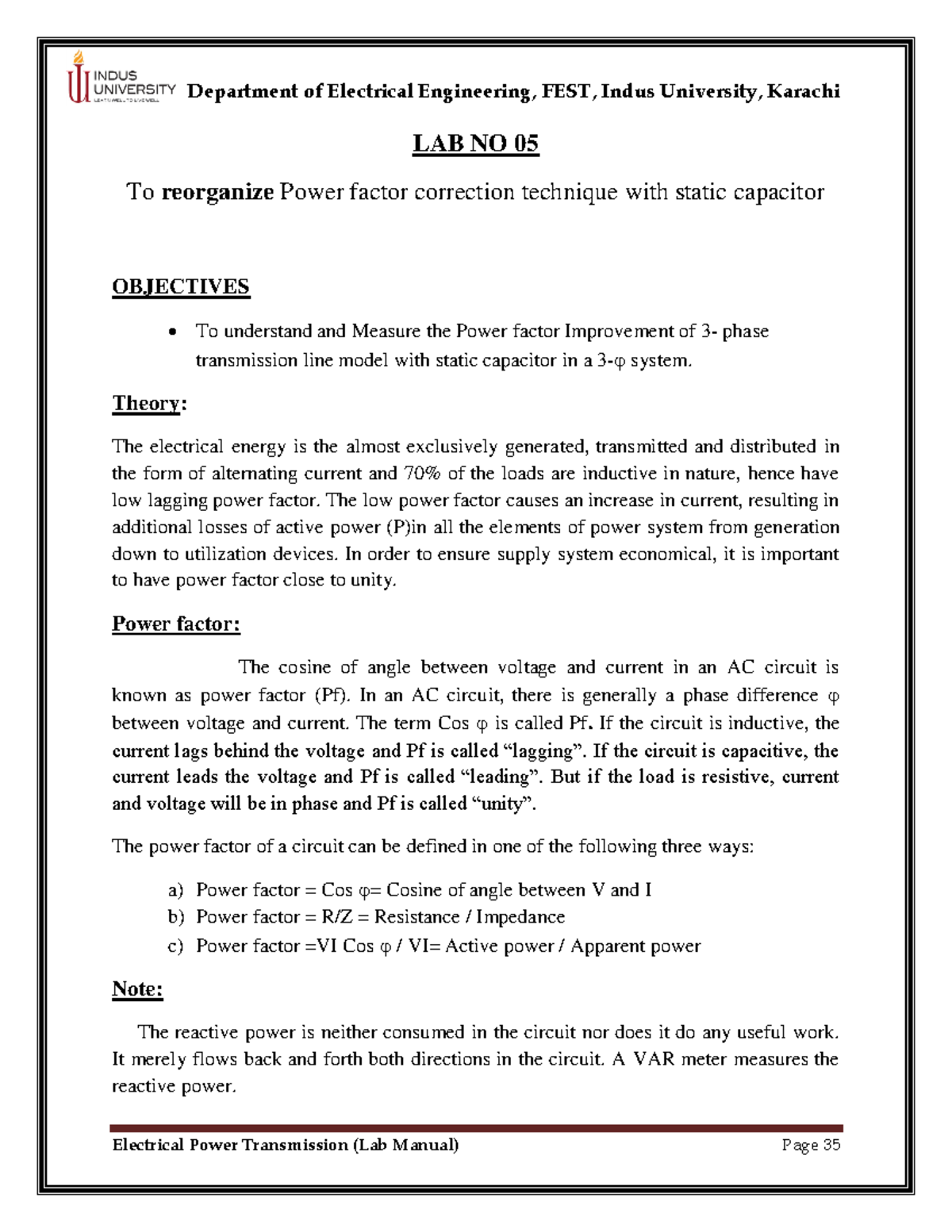 EP-412A (EPT) LAB 5-G2 - MANUAL - LAB NO 05 To reorganize Power factor correction technique with ...