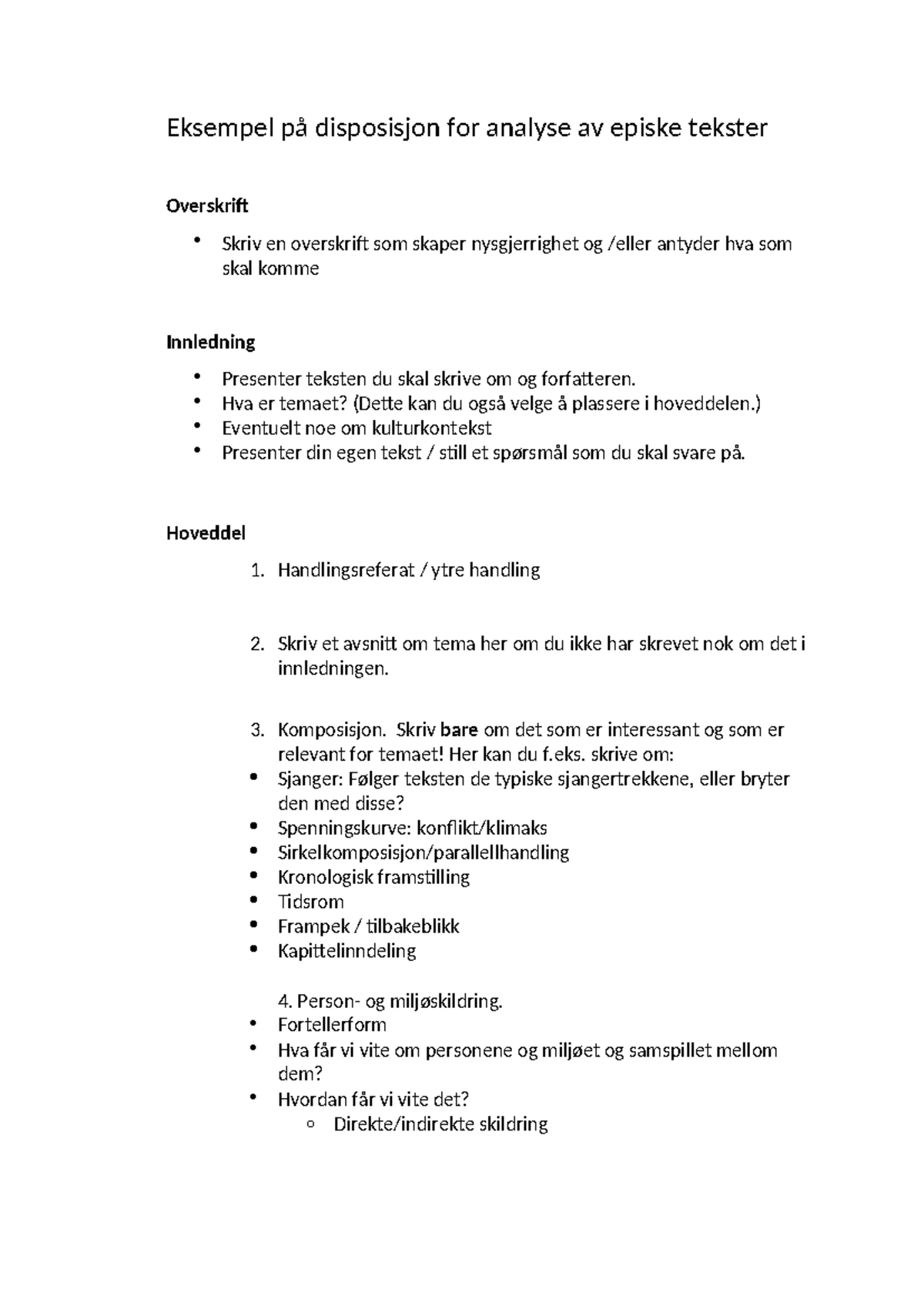 Disposisjon for analyse av episke tekster - Eksempel på disposisjon for analyse av episke ...